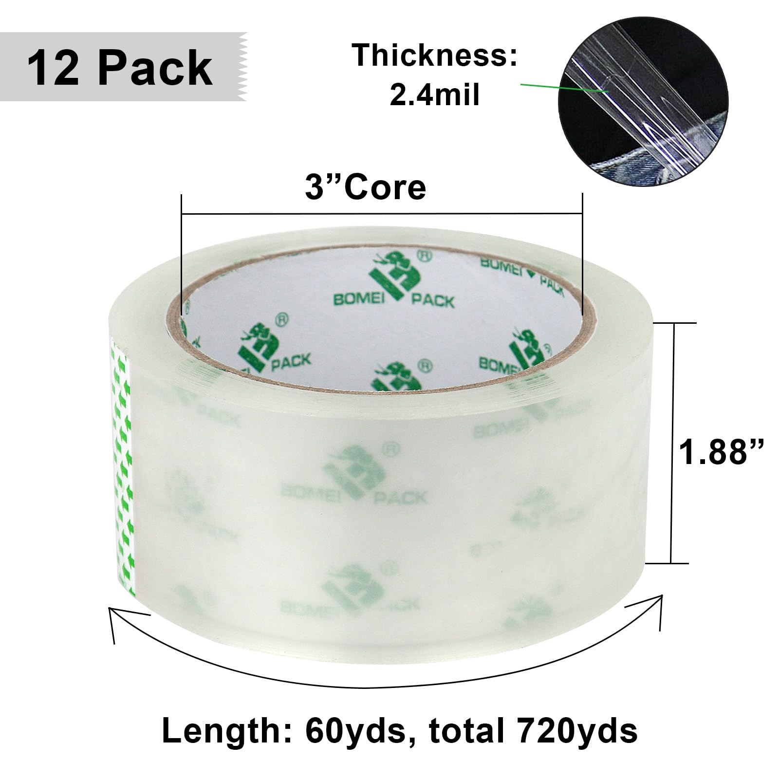 BOMEI PACK 12 Rolls Clear Packing Tape Rolls with Free Dispenser, Heavy Duty Refill Tape for Shipping Moving and Packaging, 2.4Mil 1.88 Inch x 60 Yard