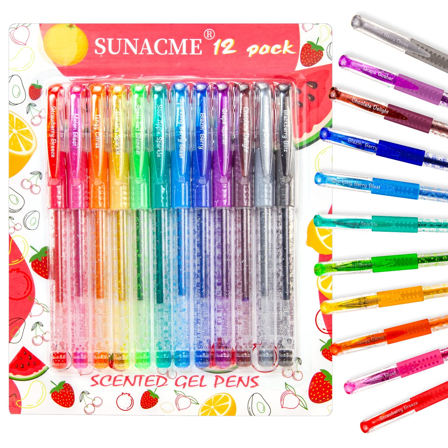 sunacme Fruity Scented Gel Ink Pens, 12 Assorted Colorful Gel Pens for Kids Drawing, Writing, Coloring at School & Home
