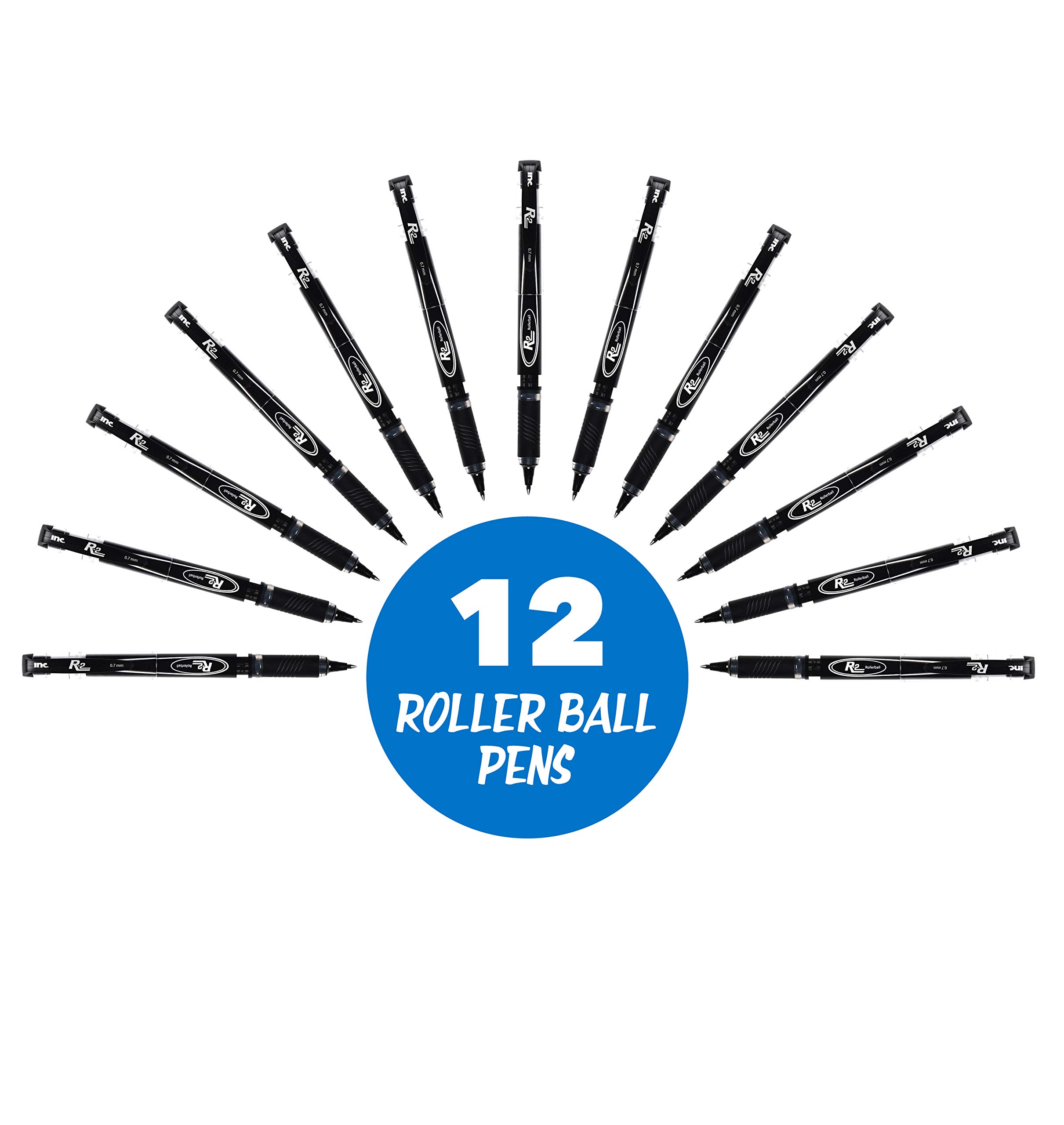 INC R2 ROLLERBALL 0.7 MM Tip Medium Point 12 Count Comfort Grip R-2 Roller ball Pens with Free Flowing Liquid Ink for Smooth Writing, Premium Black Ink Pens for Home, School or Office