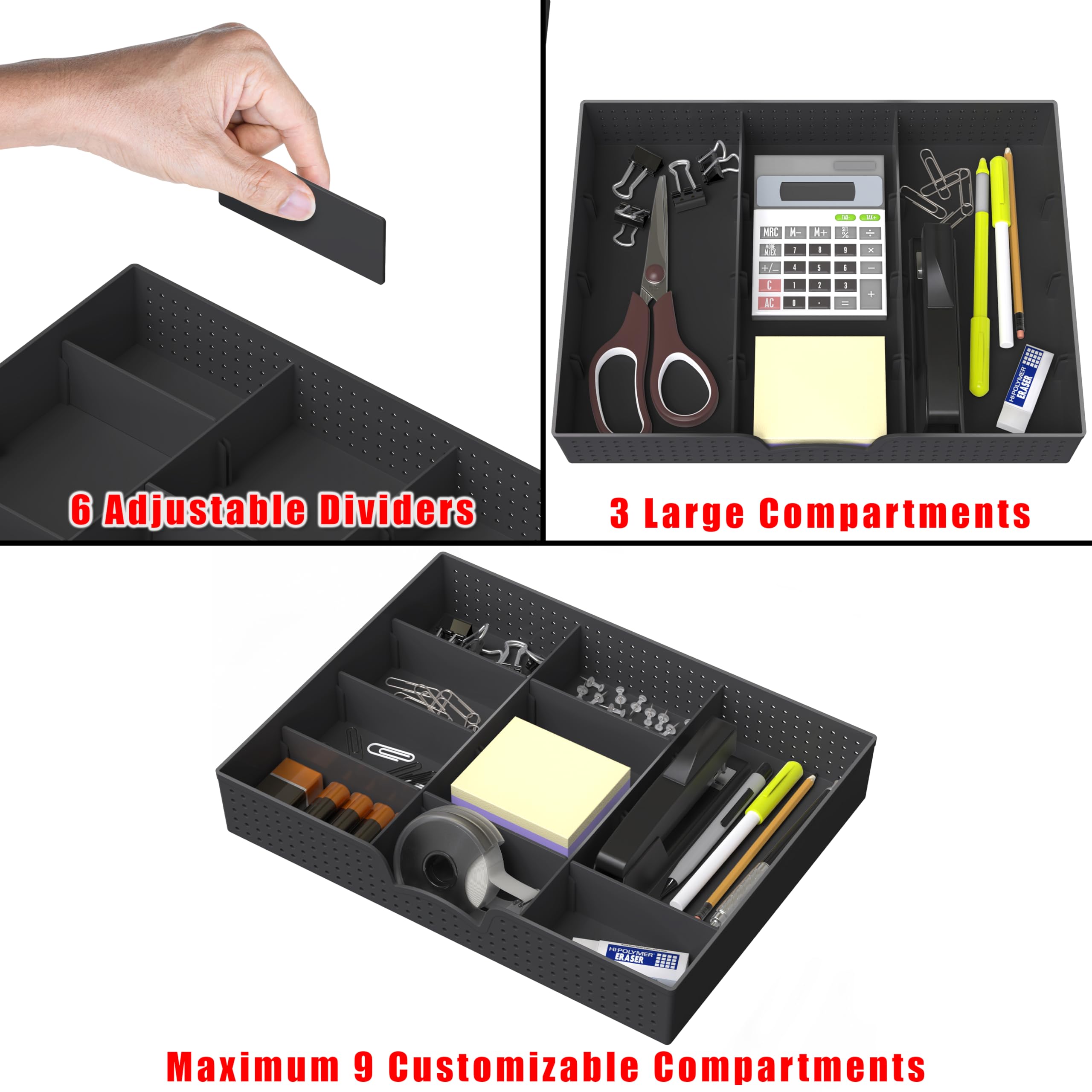 Simple Houseware 2 Pack Drawer Organizer Tray with 9 Adjustable Compartments, Black
