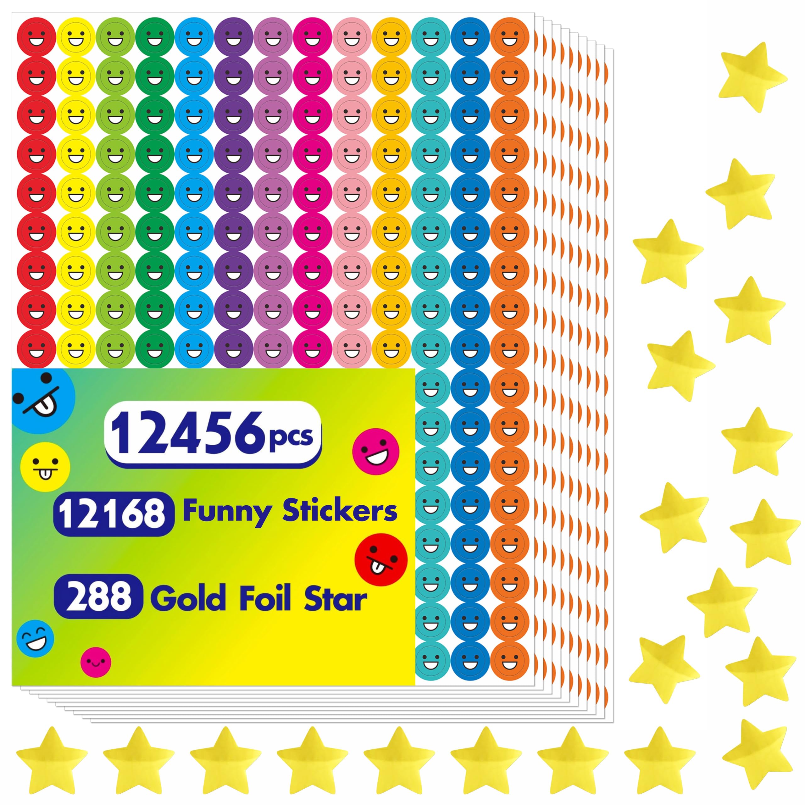 12456 Pcs Happy Smile Face Star Stickers Mega Bundle in 14 Colors and 10 Designs for Reward Behavior Chart (Each Measures 3/8”)