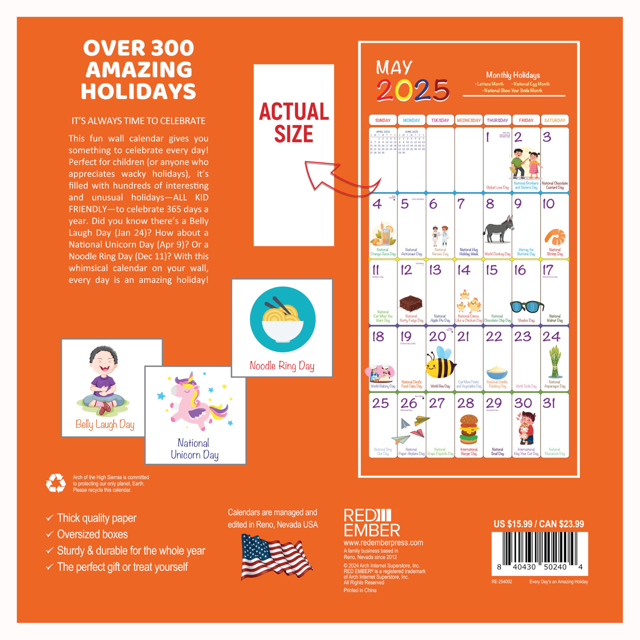 RED EMBER Every Day's An Amazing Holiday 2023 Hangable Monthly Wall Calendar | 12" x 24" Open | Kids Fun Funny | Perfect for Schools Teachers Classrooms | Big Grid Planners for Office