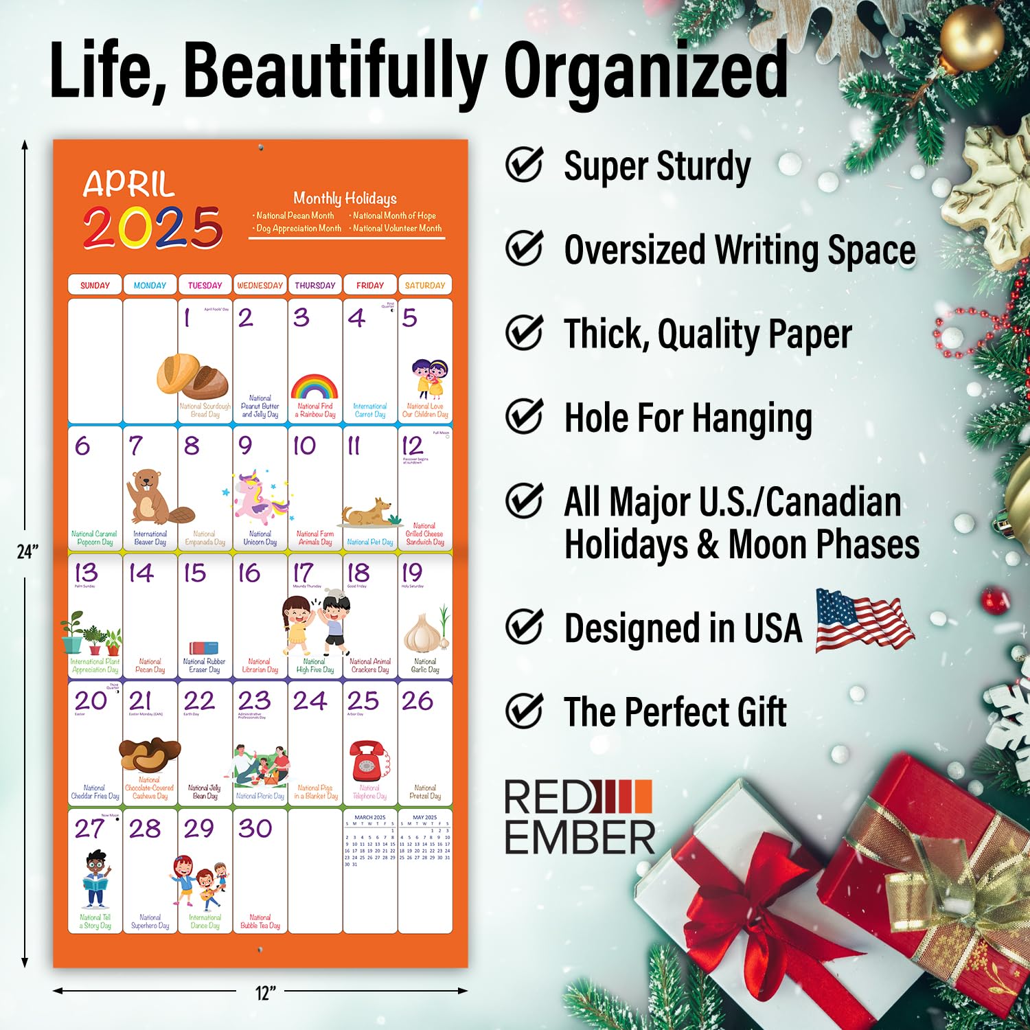 RED EMBER Every Day's An Amazing Holiday 2023 Hangable Monthly Wall Calendar | 12" x 24" Open | Kids Fun Funny | Perfect for Schools Teachers Classrooms | Big Grid Planners for Office