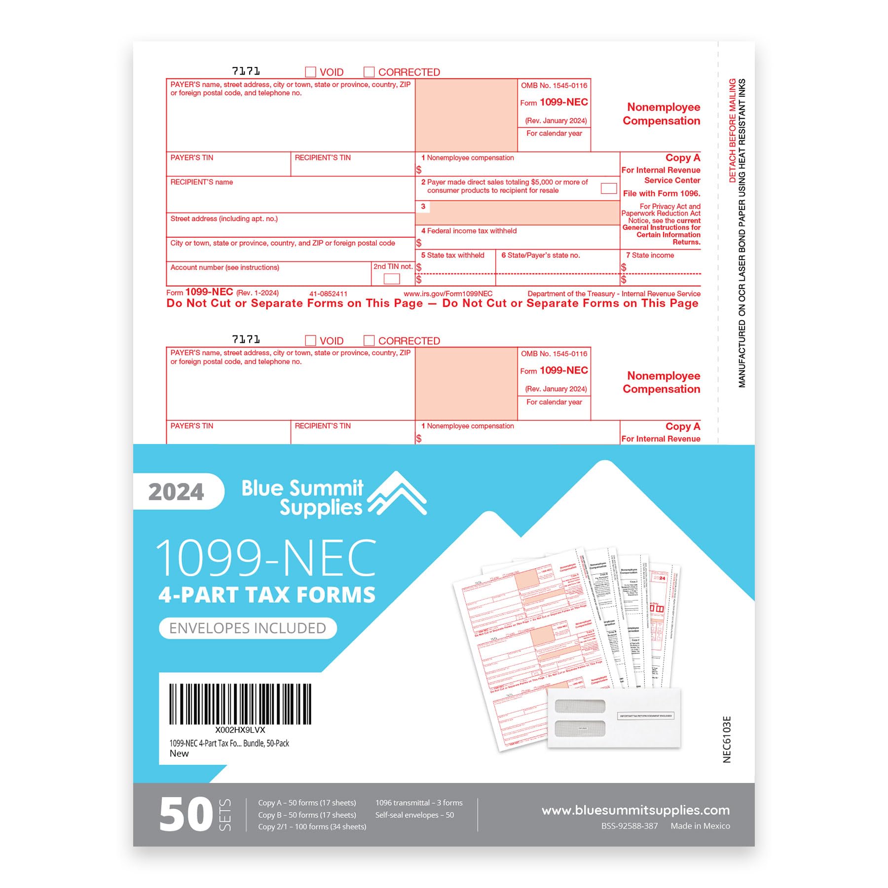 Blue Summit Supplies 1099 NEC Tax Forms 2022, 50 4 Part Tax Forms Kit, Compatible with QuickBooks and Accounting Software, 50 Self Seal Envelopes Included