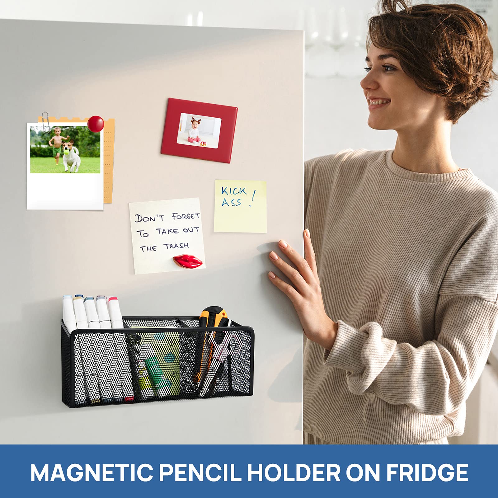 VICNOVA Magnetic Pencil Holder, Metal Magnetic Pen Holder with Extra Strong Magnets/3+3 Generous Compartments, Magnetic Storage Basket Organizer to Hold Whiteboard Refrigerator Locker Accessories