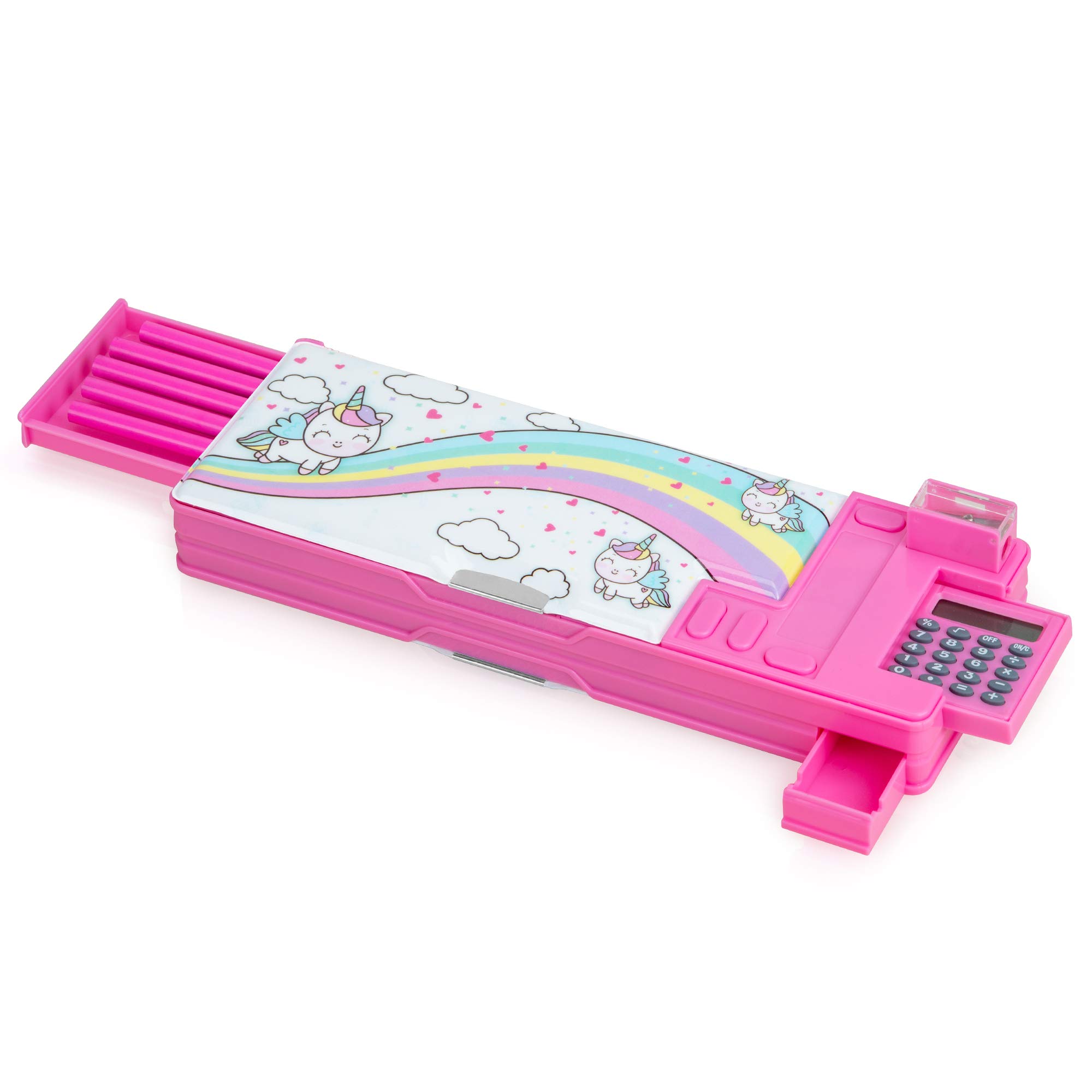 Pop Up Unicorn Pencil Case for Kids, Multifunction Stationery Organizer Box with Calculator, Sharpener, and Pencils, Cute School Supplies, Best Birthday Present for Girls and Teens in Gift Box