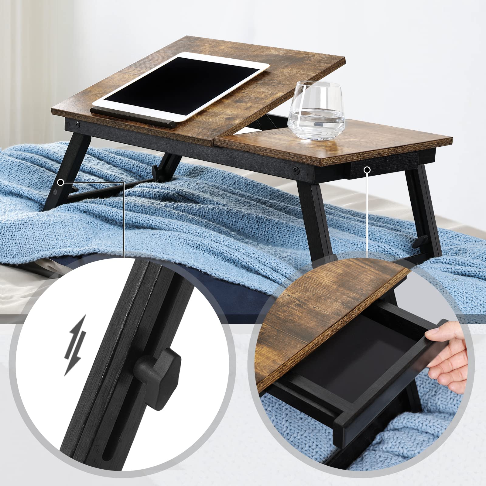 SONGMICS Laptop Desk for Bed or Sofa with Adjustable Tilting Top, Breakfast Serving Tray with Height Adjustable Folding Legs, Fits Screen Size up to 15.6 Inches, Floor Desk, Rustic Brown ULLD105B01