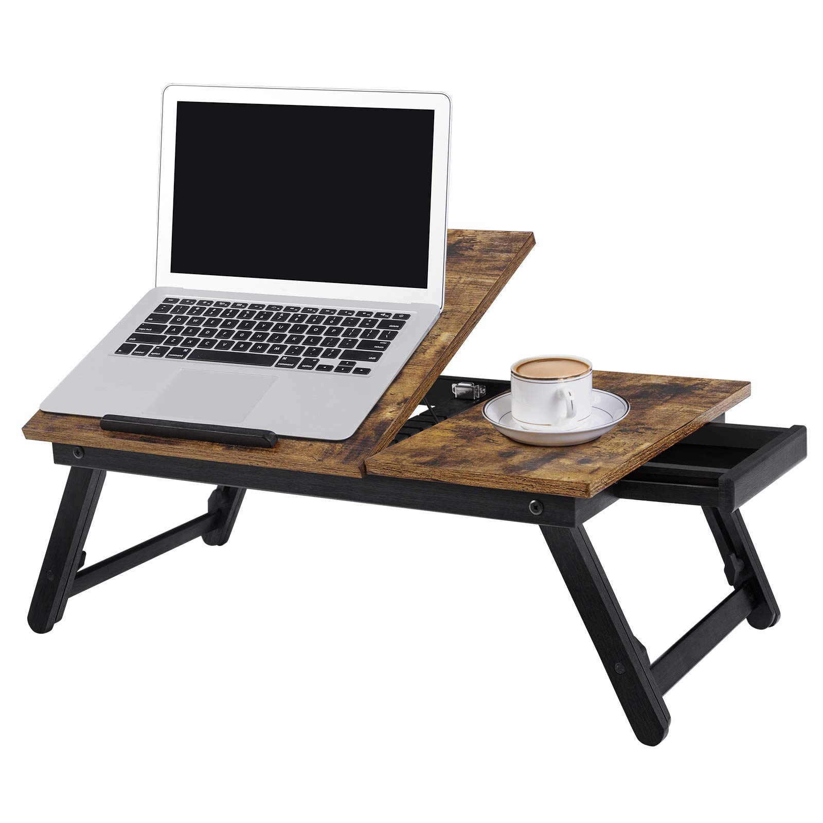 SONGMICS Laptop Desk for Bed or Sofa with Adjustable Tilting Top, Breakfast Serving Tray with Height Adjustable Folding Legs, Fits Screen Size up to 15.6 Inches, Floor Desk, Rustic Brown ULLD105B01