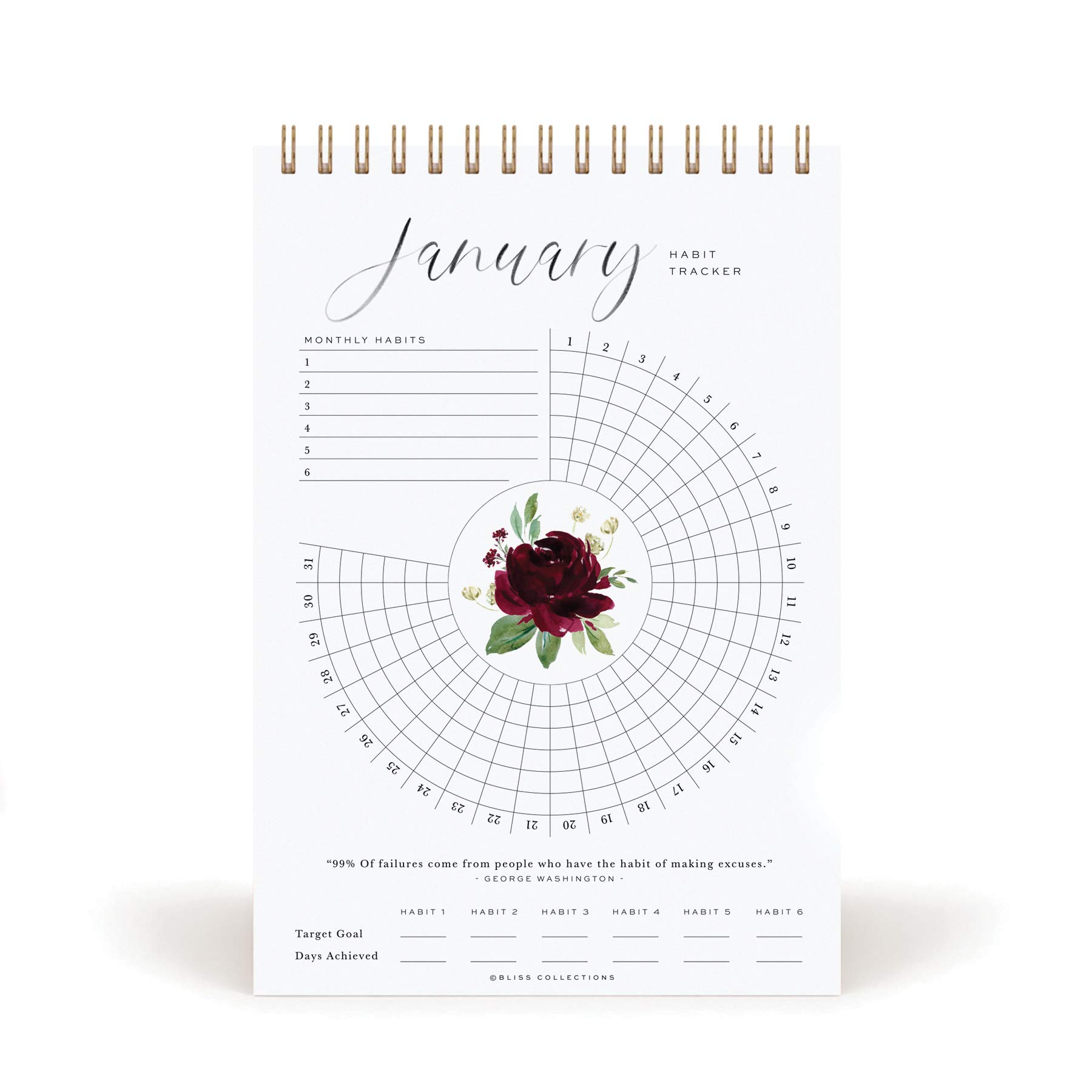 Bliss Collections Habit Tracker Calendar Notepad, Botanical Floral, Gold Spiral Binding, Inspirational and Motivational Monthly Journal to Track Habits and to Help with Goals, 6"x9" Undated 12 Months
