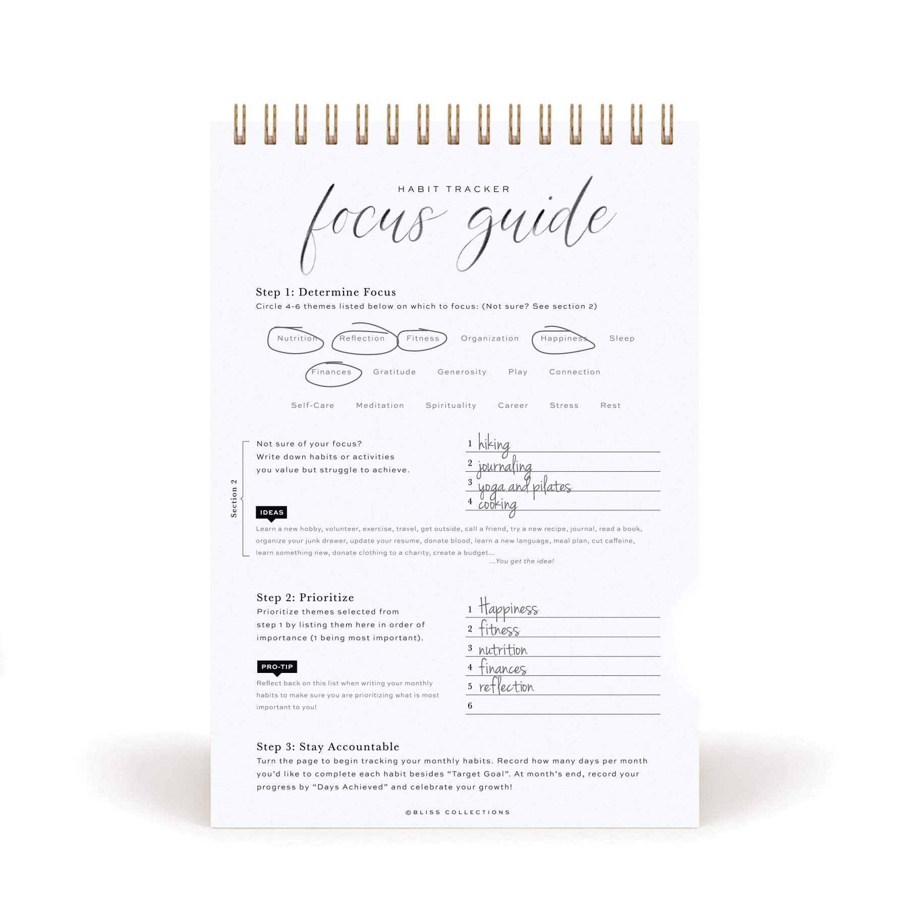 Bliss Collections Habit Tracker Calendar Notepad, Botanical Floral, Gold Spiral Binding, Inspirational and Motivational Monthly Journal to Track Habits and to Help with Goals, 6"x9" Undated 12 Months