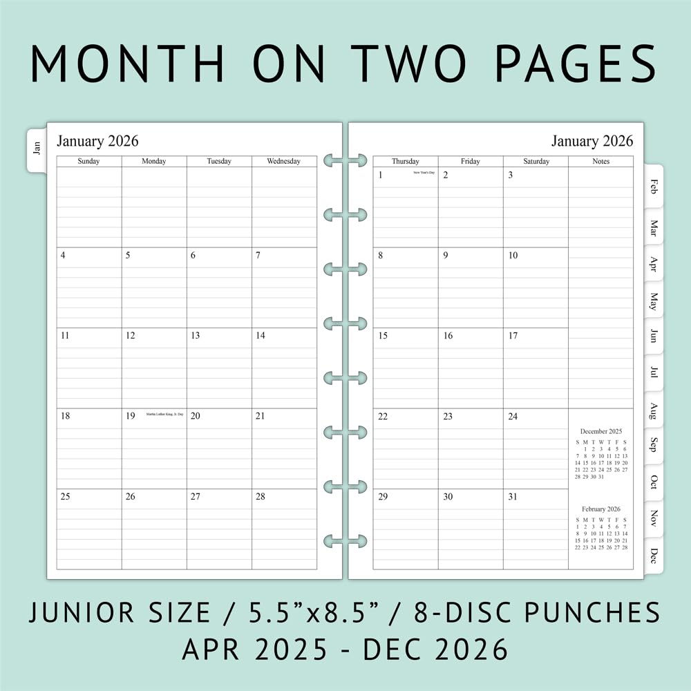 2023 Monthly Planner Refill for 8-Disc Junior Size Discbound Notebooks, Two Pages Per Month, 5-1/2" x 8-1/2"