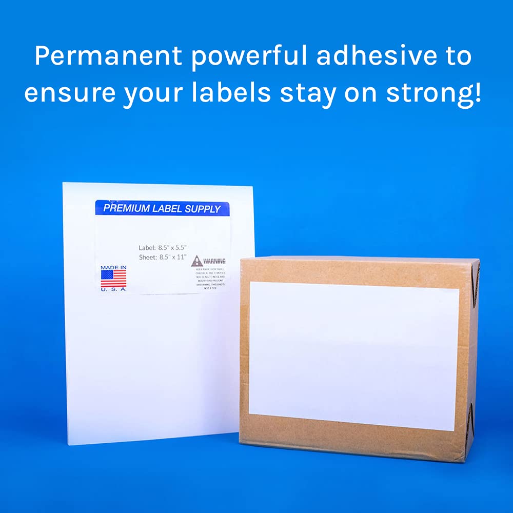 Premium Label Supply White Sticker Half Sheet Labels – 8.5" x 5.5" – Laser/Inkjet Compatible – (2 Labels/Sheet), 25 Sheets - 50 Total Adhesive Labels