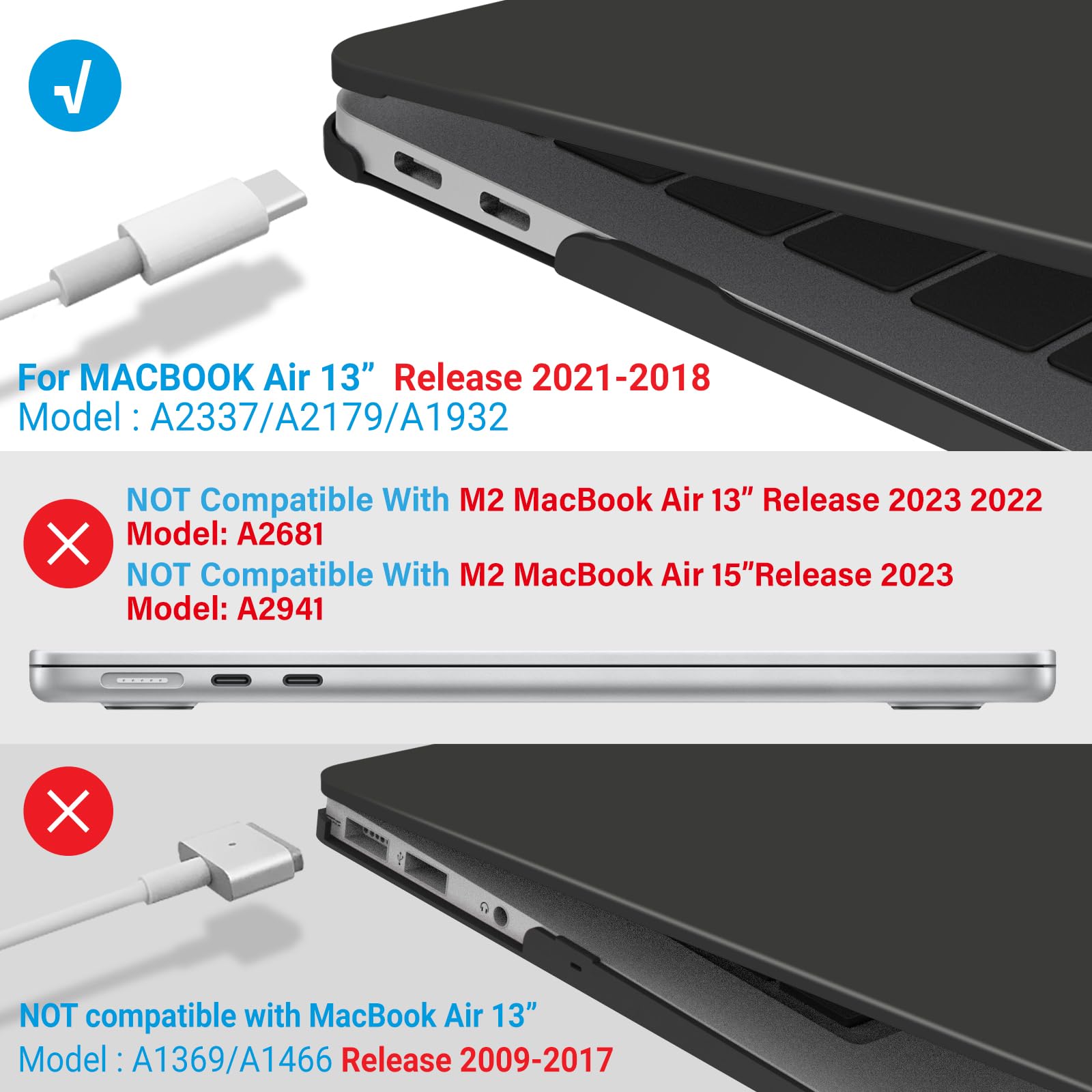 IBENZER Compatible with New MacBook Air 13 inch Case 2022 2021 2020 M1 A2337 A2179 A1932, Plastic Hard Shell Case with Keyboard Cover for Mac Retina Display with Touch ID, Black, MMA-T13BK+1A