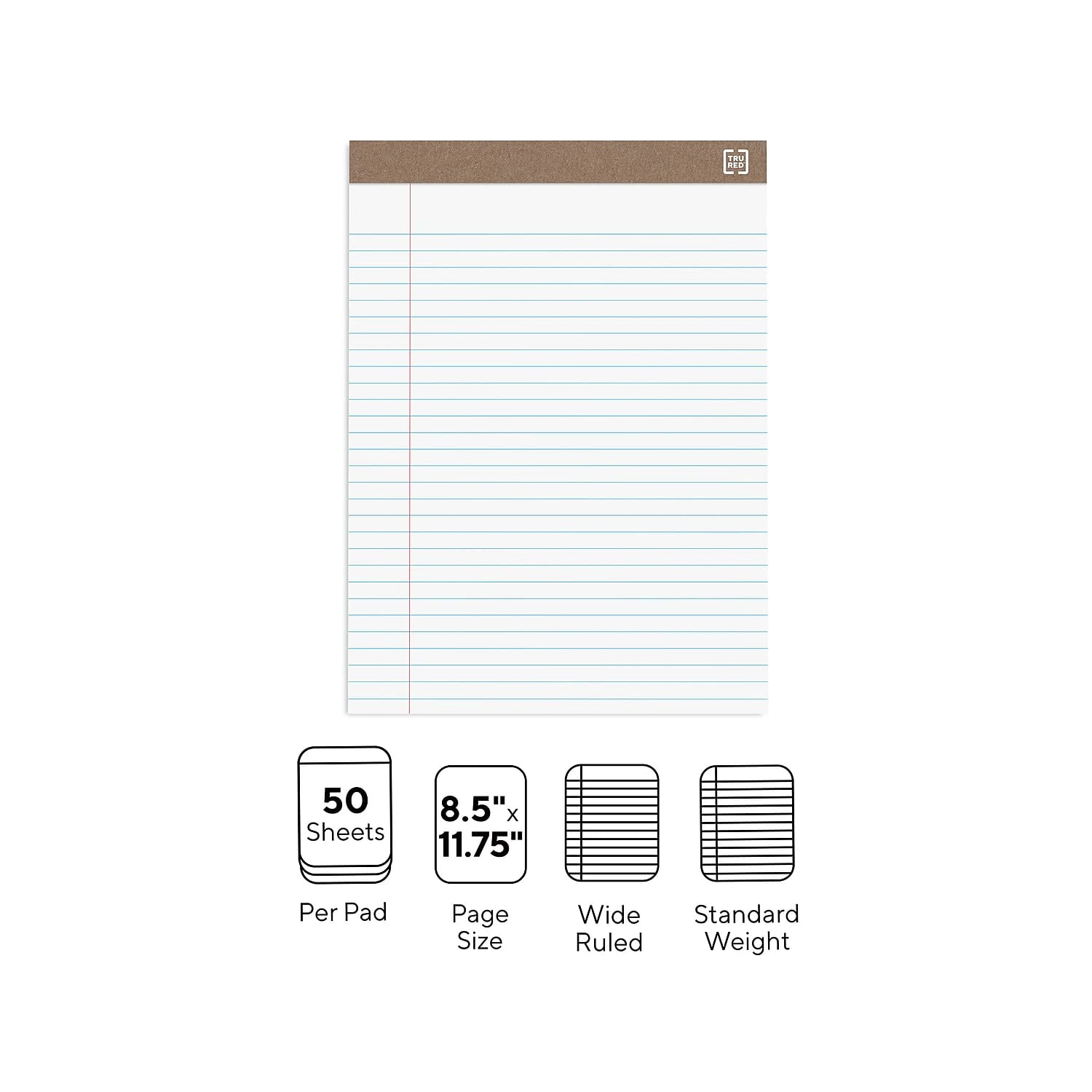 Tru Red Notepads 8.5" X 11.75" Wide Ruled White 50 Sheets/Pad, 12 Pads/Pk (Tr58185)