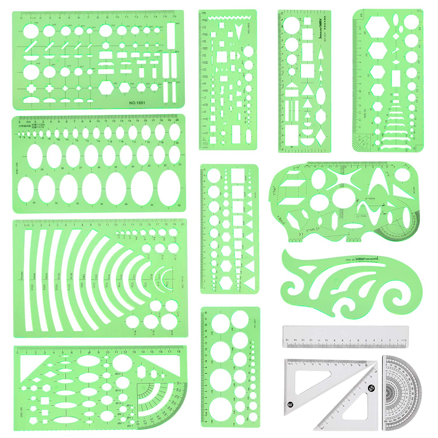 Geometric Drawings Templates Measuring Geometry Rulers 15 Pcs with 1 Pack File Bag for Design School Studying Office Building…