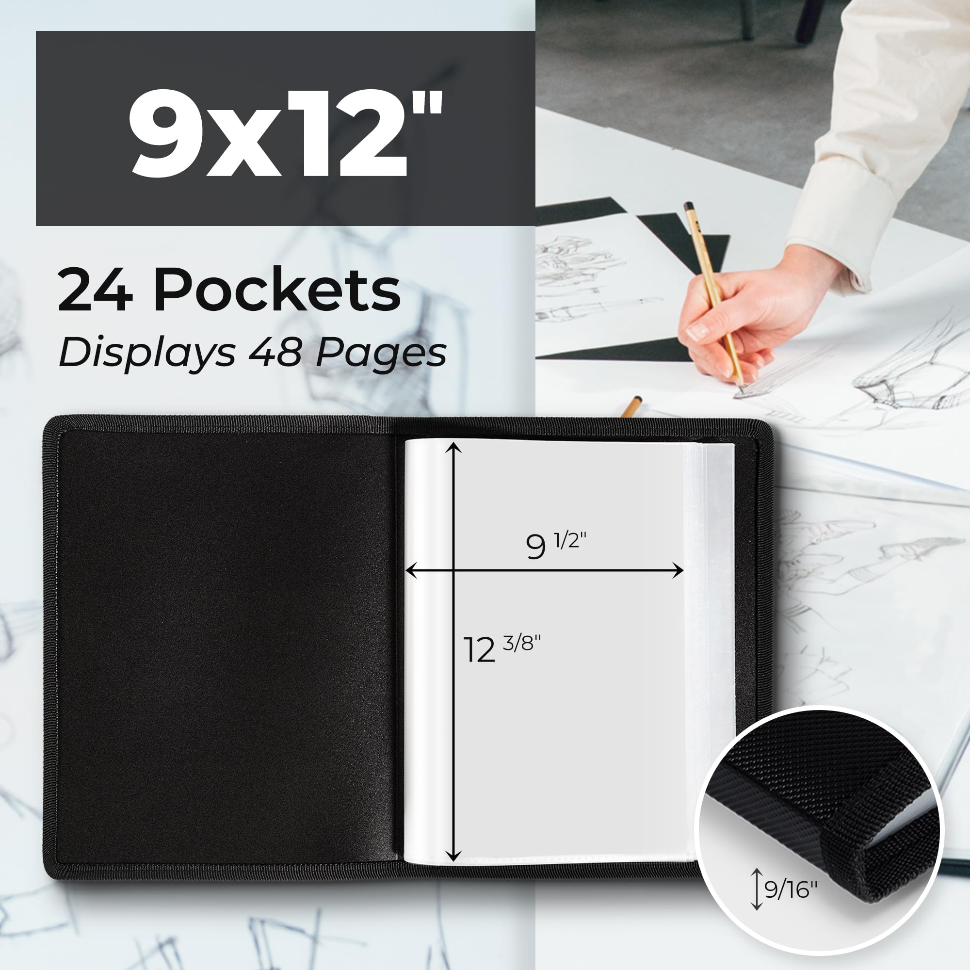 Dunwell Art Portfolio 9x12 Folder - (Black), Portfolio Folder for Artwork, Presentation Book with 9 x 12" Sheet Protectors, 24 Pockets Display 48 Pages, Binder for Kids Art, Drawing Binder