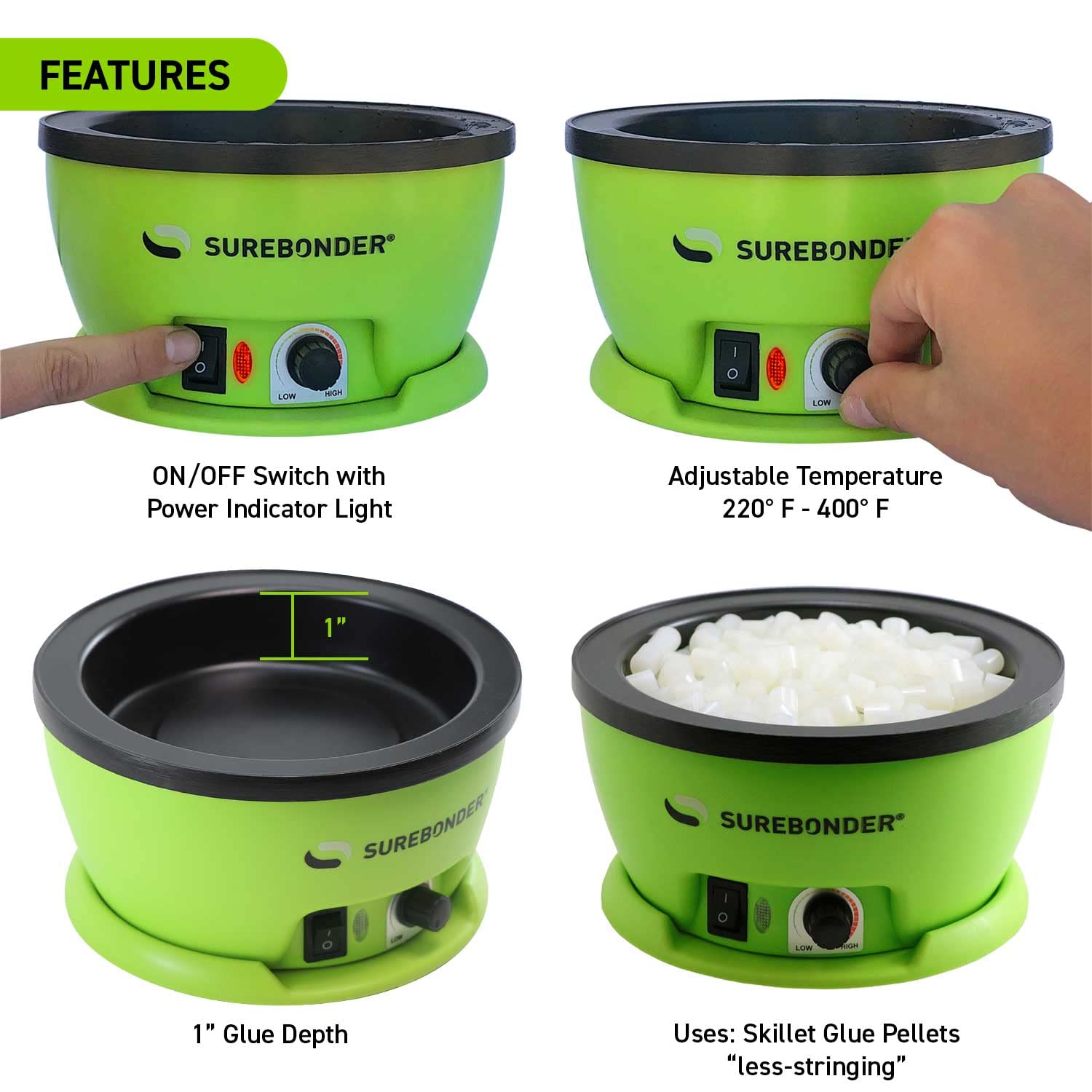 Surebonder Electric Hot Glue Skillet, Adjustable Temperature 225-400 F, 5-1/4" Diameter, 1-in Depth, Dip Crafts Directly Into Pot of Hot Glue (803)