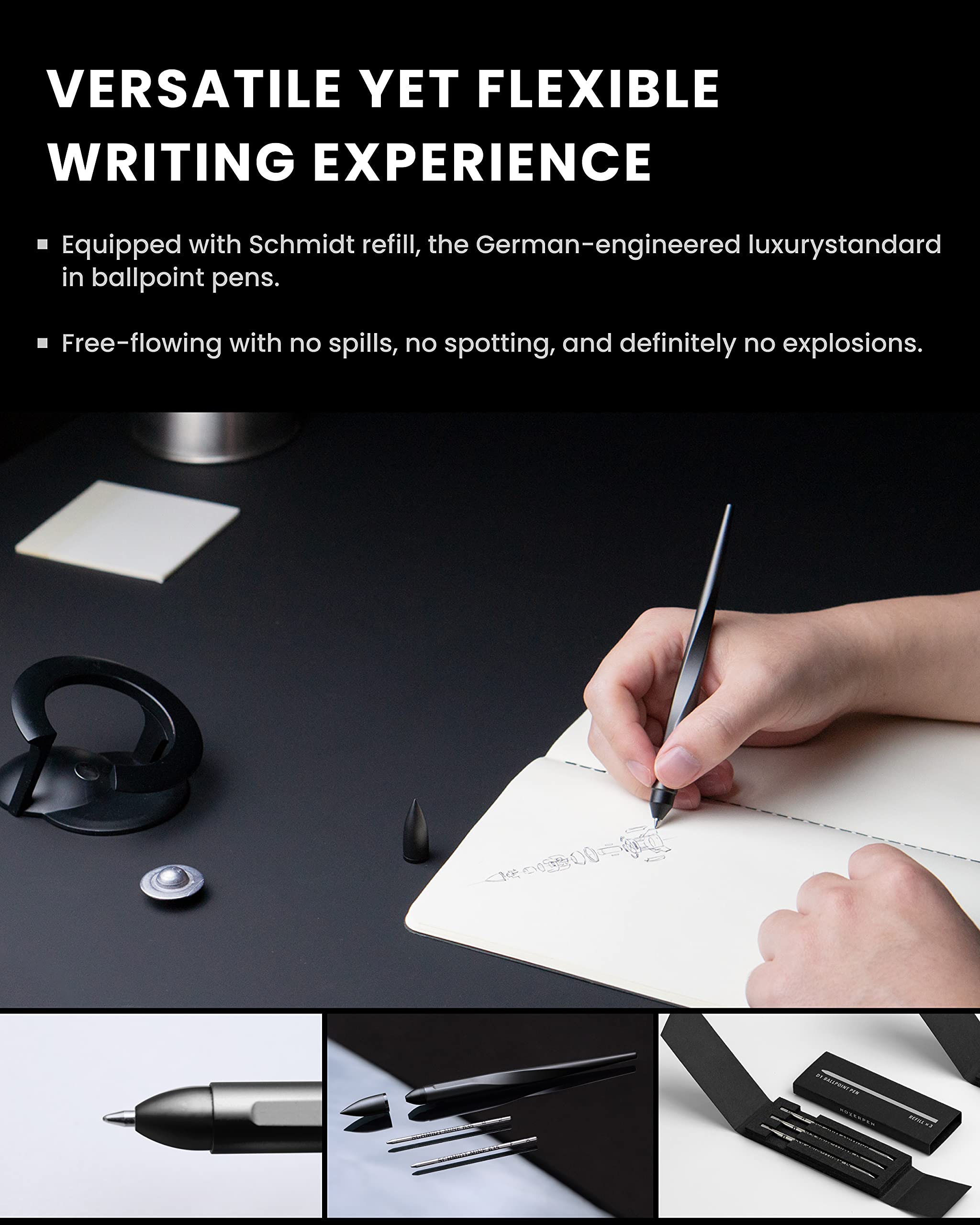 novium Hoverpen 2.0 - Futuristic Luxury Pen Made With Aerospace Alloys, Unique Aesthetic, Free Spinning Executive Pen, Cool Gadgets, Valentines Day Gifts for Men & Women (Space Black, Basic)