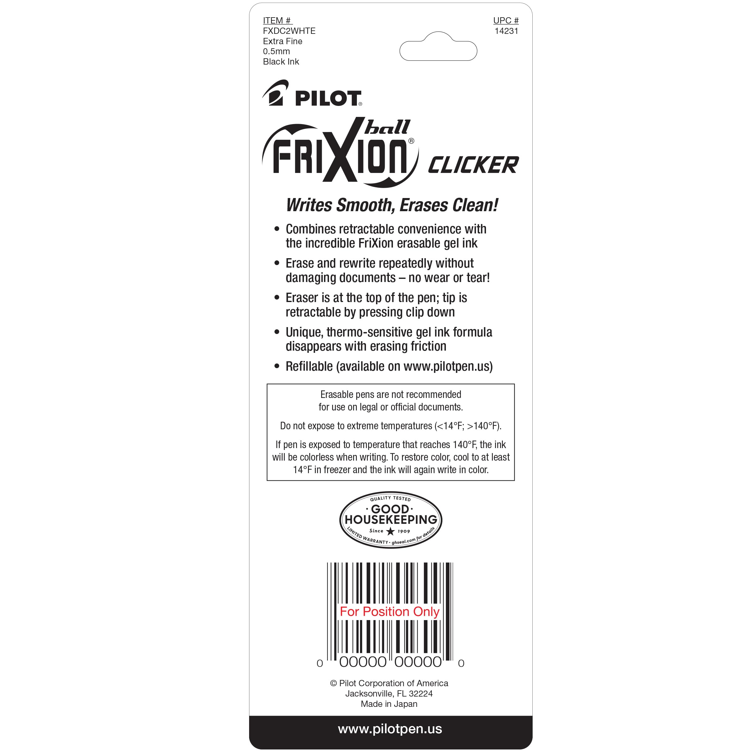 Pilot FriXion Ball Clicker Erasable Gel Ink Retractable Pen, Extra Fine Point, 0.5mm, White Barrel, Black Ink, 2 Pack