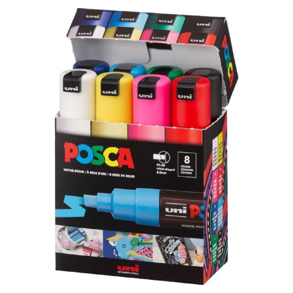 三菱鉛筆 Mitsubishi Pencil Posca PC8K8C Water-Based Pen, Broad Point, Square Core, 8 Colors