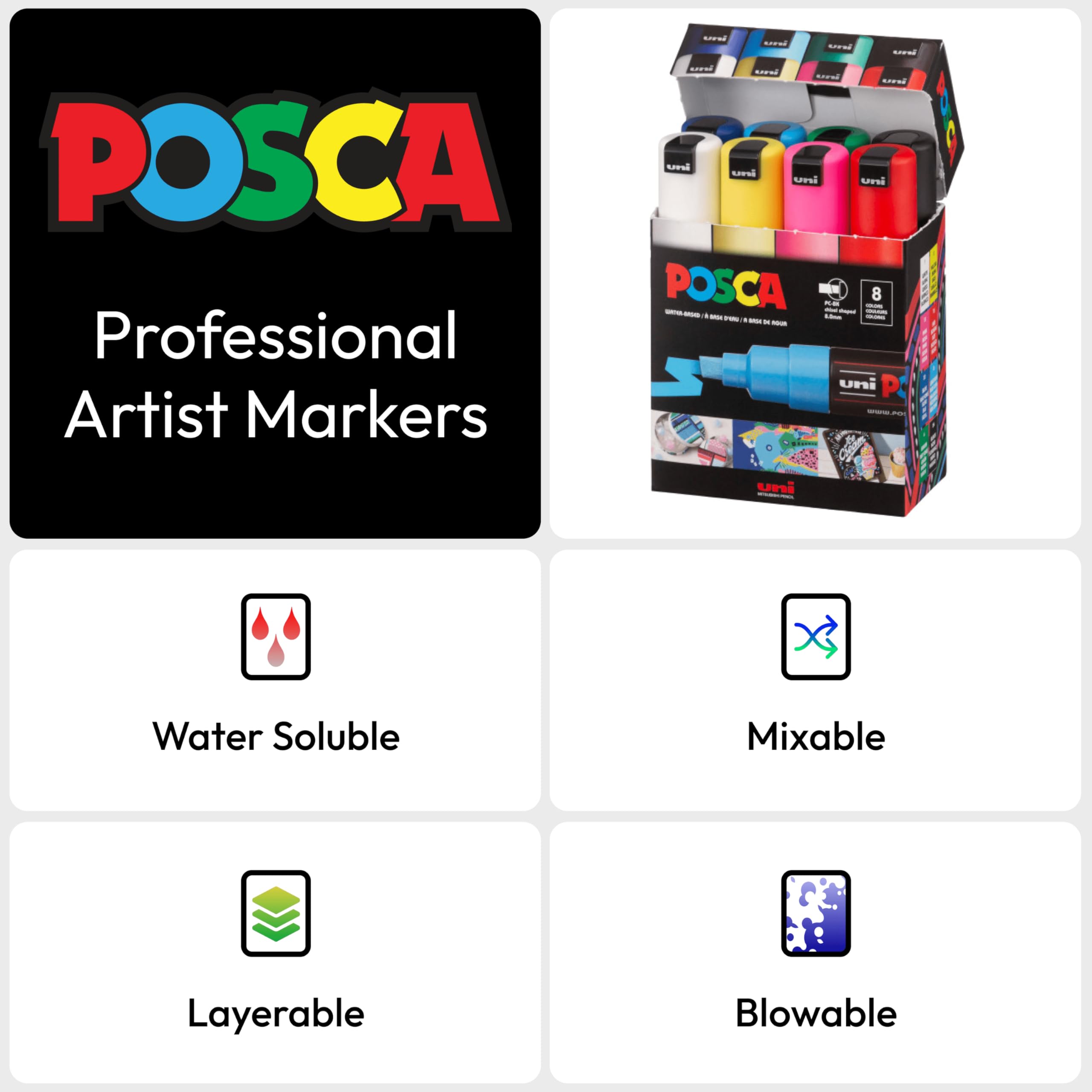 三菱鉛筆 Mitsubishi Pencil Posca PC8K8C Water-Based Pen, Broad Point, Square Core, 8 Colors