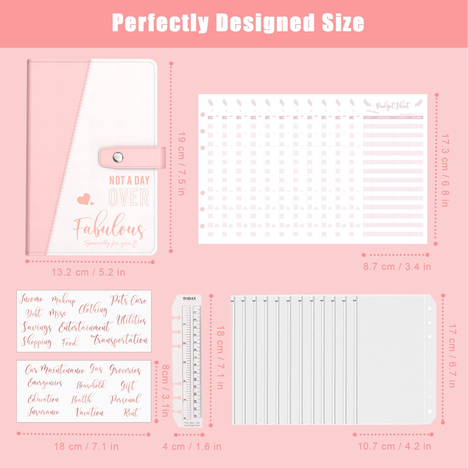 NXPOY Cash Envelopes for Budgeting, 50 Pcs Budget Binder with Zipper Envelopes and Expense Budget Sheets, Waterproof PU Leather A6 Binder for Money Saving Planner Organizer (Rose)