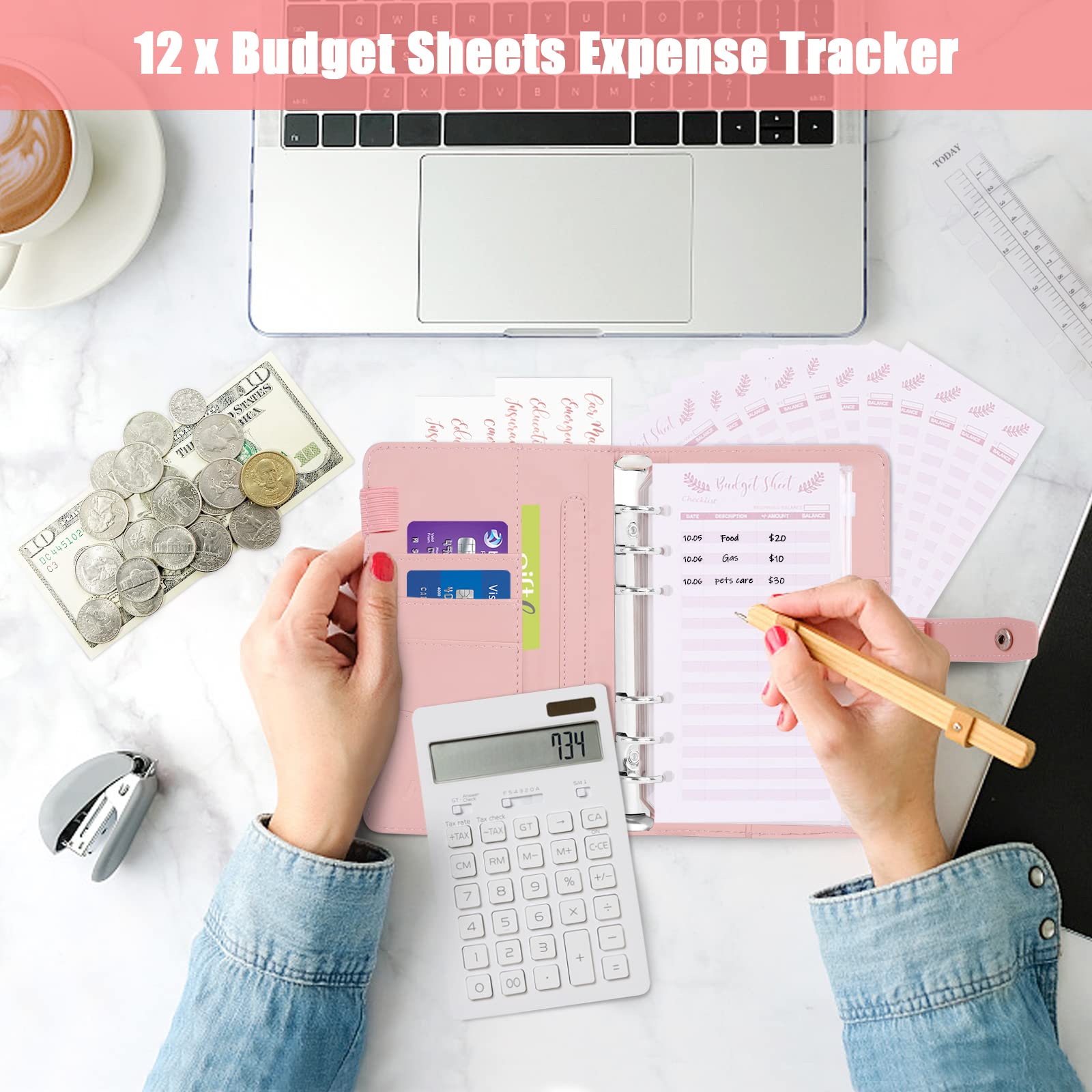 NXPOY Cash Envelopes for Budgeting, 50 Pcs Budget Binder with Zipper Envelopes and Expense Budget Sheets, Waterproof PU Leather A6 Binder for Money Saving Planner Organizer (Rose)