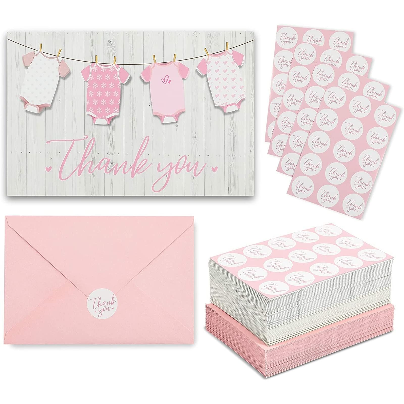 Pipilo Press 60 Pack Girl Baby Shower Thank You Cards with Envelopes and Stickers for Gender Reveal Parties (6 x 4 In)