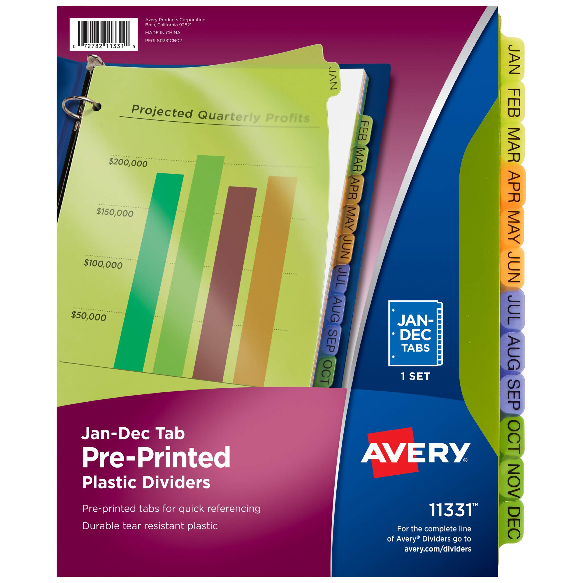 Avery 11331 Preprinted Plastic Tab Dividers, 12-Tab, Letter