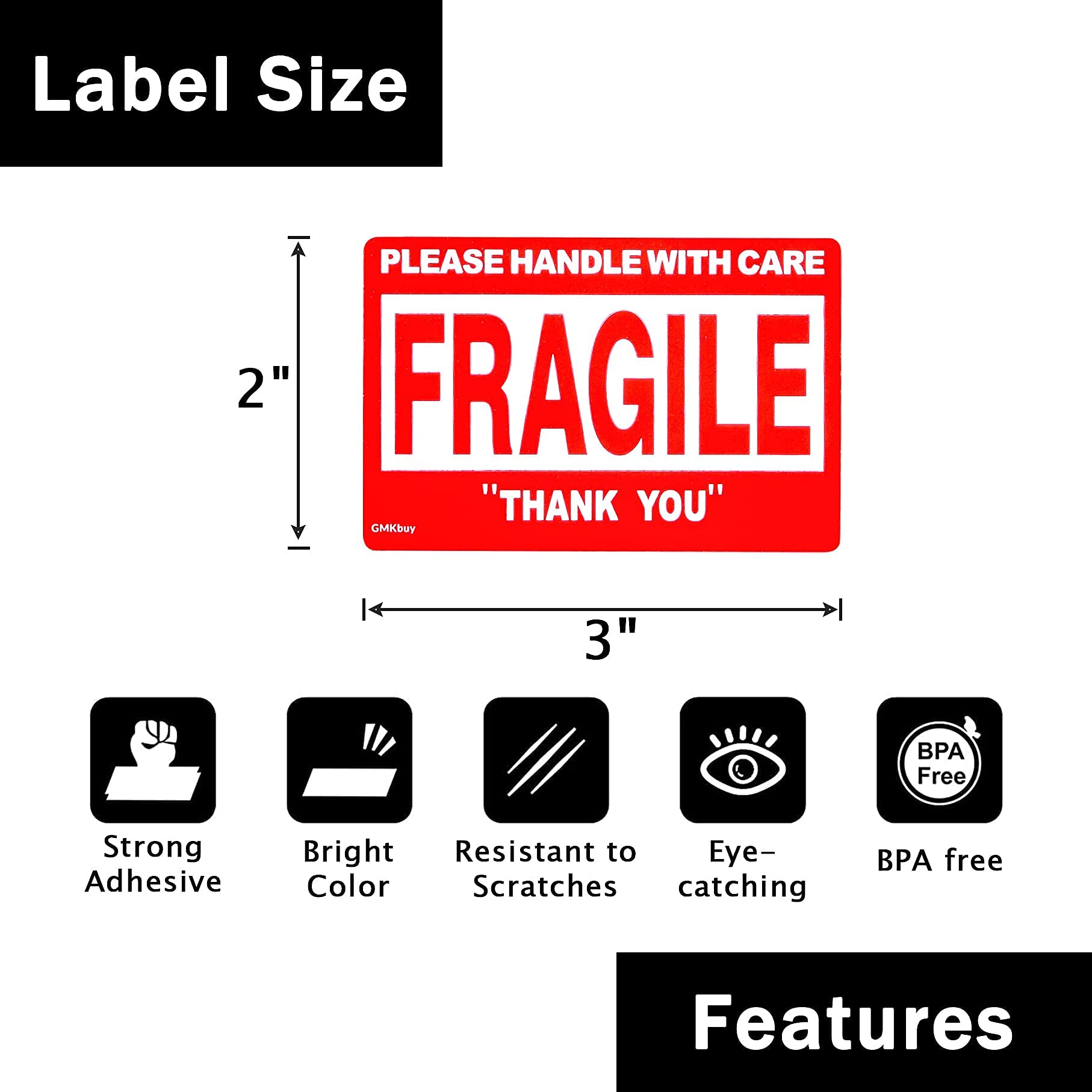 GMKbuy 3 x 2 Inch β 400 Fragile Stickers Roll, Easy Tear, Permanent Adhesive Warning Labels for Shipping Box, Carton, Parcel, Package, Pallet & More