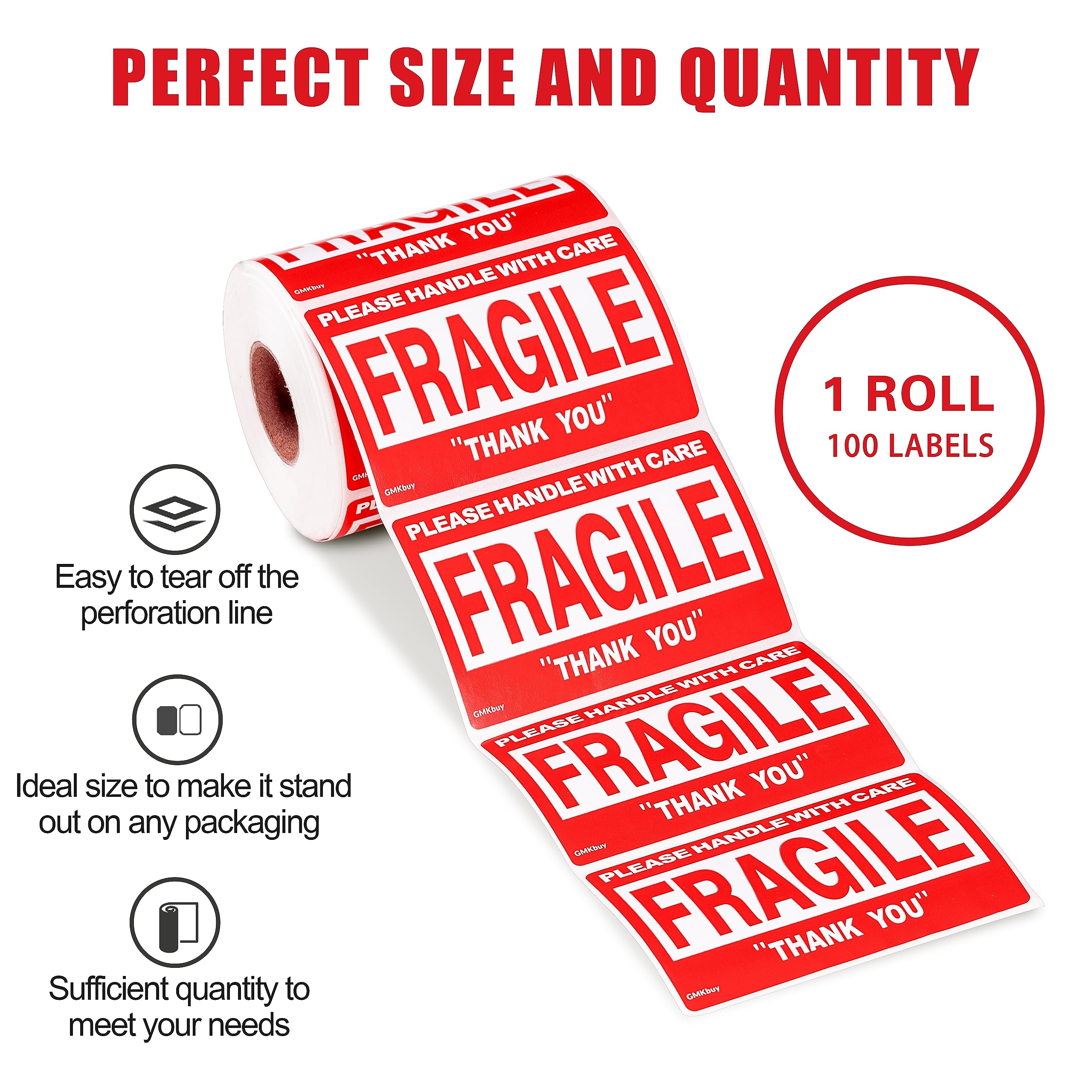 GMKbuy 3 x 2 Inch β 400 Fragile Stickers Roll, Easy Tear, Permanent Adhesive Warning Labels for Shipping Box, Carton, Parcel, Package, Pallet & More
