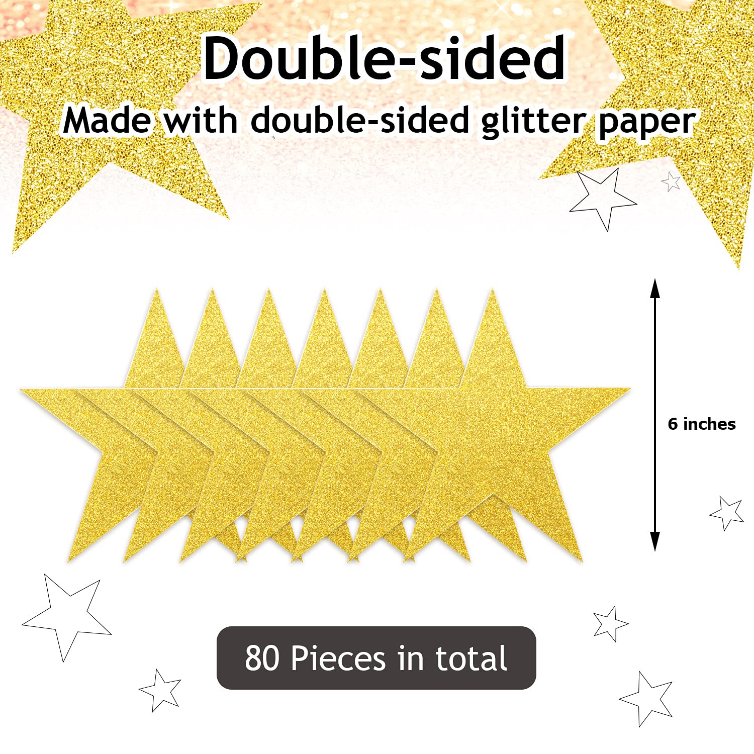 80 Pieces Glitter Star Cutouts Paper Star Confetti Cutouts for Bulletin Board Classroom Wall Party Decoration Supply, 6 Inches Length (Gold)