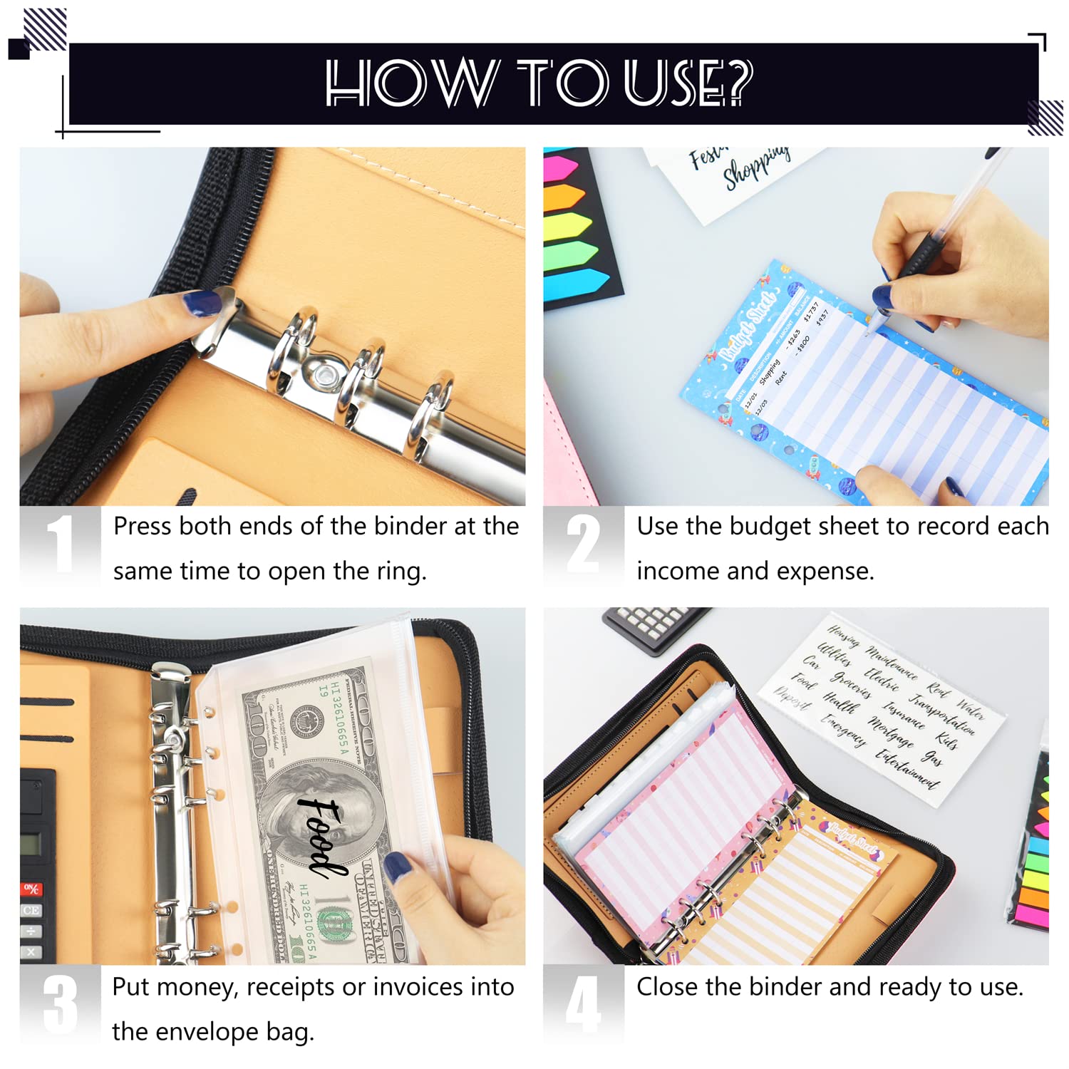 Budget Binder with Zipper Envelopes, Cash Envelopes for Budgeting, A6 PU Leather Budget Planner 2023 with Cash Envelopes Calculator, Bill Money Organizer for Cash Saving Budget System Wallet