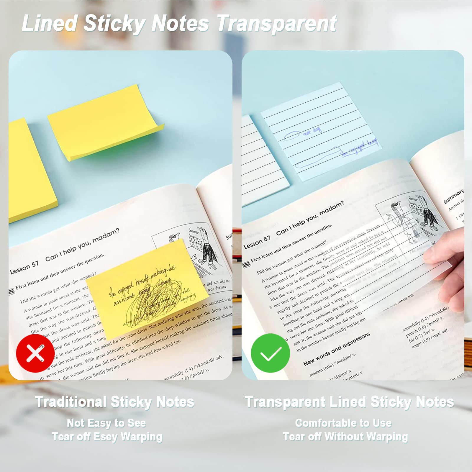 MIUTME Lined Sticky Notes Transparent, 7 Colors Bright Self Sticky Notes Clear Pad, Waterproof Translucent Memo with Line (3X3 inch, 500Pcs)