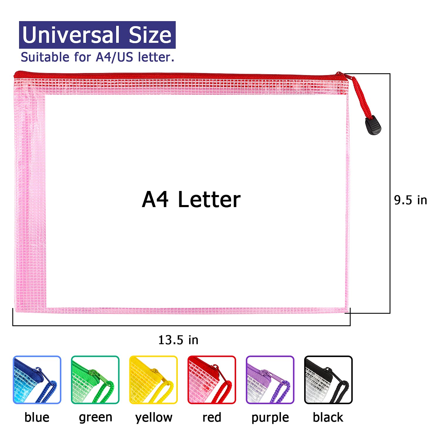 6 Pack Mesh Zipper Pouch Document Bag Waterproof Zip File Folders for School Office Supplies Travel Storage Bags (Colorful)