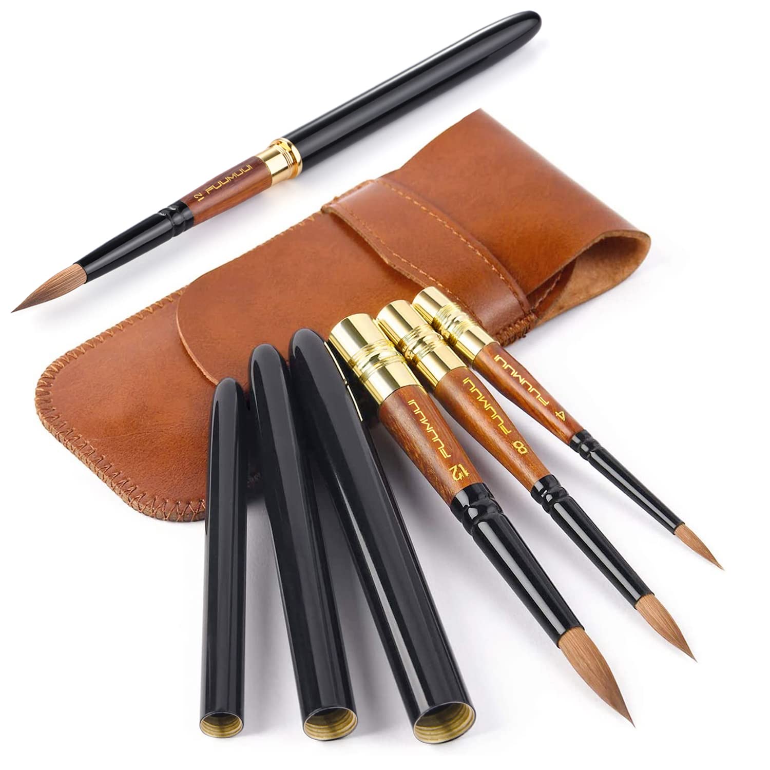 Kolinsky Travel Watercolor Brushes, Fuumuui 3pcs Elegant Kolinsky Sable Watercolor Brushes with Pocket Size Leather Pouch Perfect for Watercolor Gouache Ink Painting