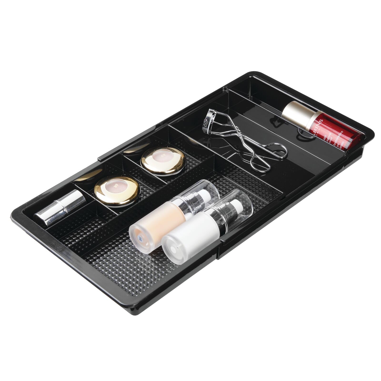 mDesign Adjustable, Expandable Divided Office Desk Drawer Organizer Tray for Office Supplies, Gel Pens, Pencils, Markers, Tape, Erasers, Paperclips, Staples - 7 Compartments, 1.25" High - Black