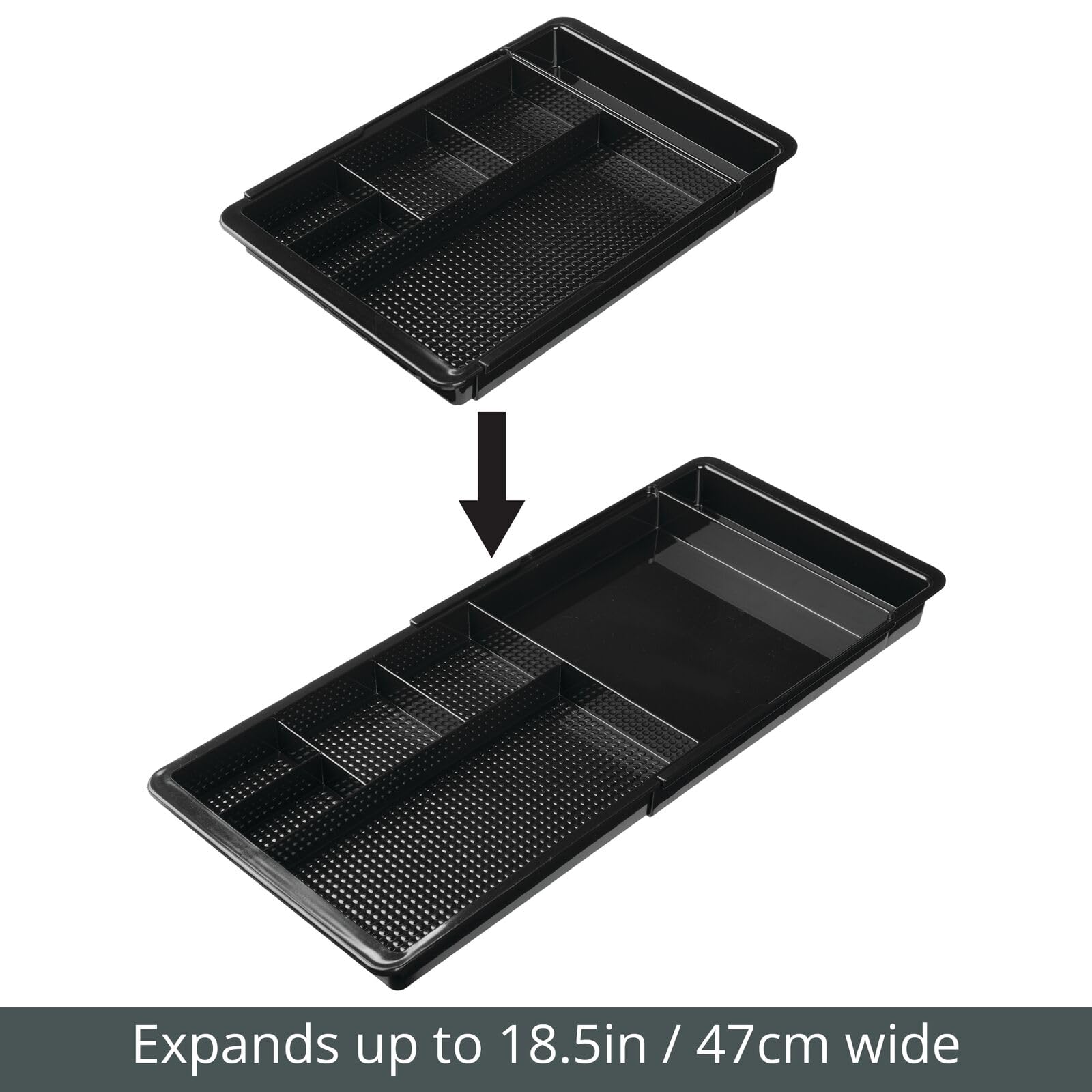 mDesign Adjustable, Expandable Divided Office Desk Drawer Organizer Tray for Office Supplies, Gel Pens, Pencils, Markers, Tape, Erasers, Paperclips, Staples - 7 Compartments, 1.25" High - Black
