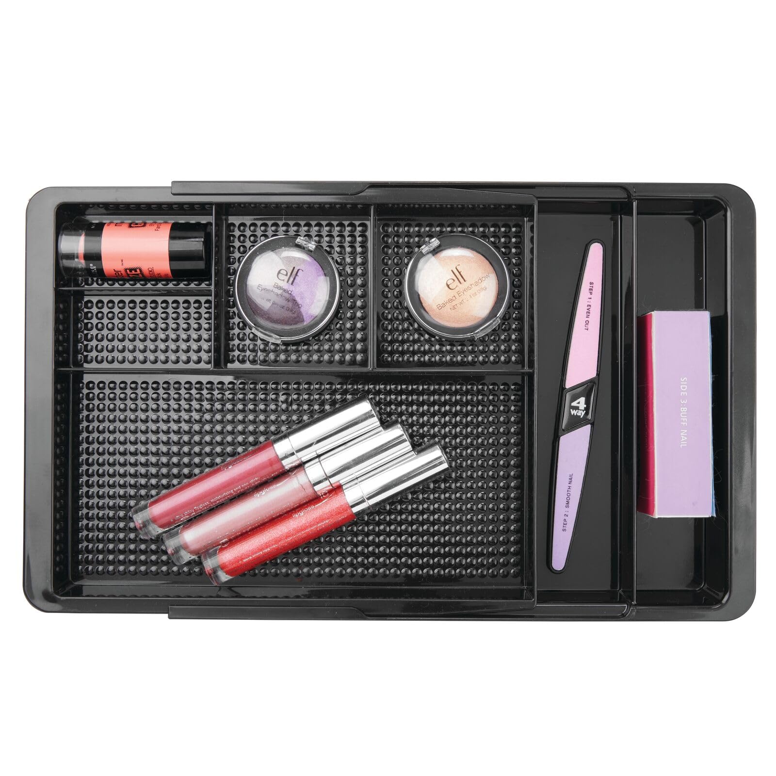 mDesign Adjustable, Expandable Divided Office Desk Drawer Organizer Tray for Office Supplies, Gel Pens, Pencils, Markers, Tape, Erasers, Paperclips, Staples - 7 Compartments, 1.25" High - Black
