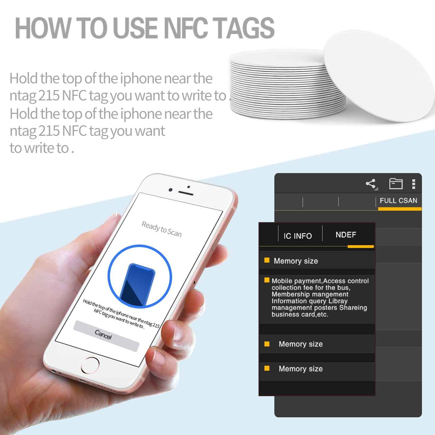50pcs NFC Cards NFC Tags Ntag 215 NFC chip NFC 215 tag rewritable NFC Coin Cards,Compatible with Tagmo and NFC Enabled Mobile Phones and Devices, Round (25 mm/ 1 Inch)