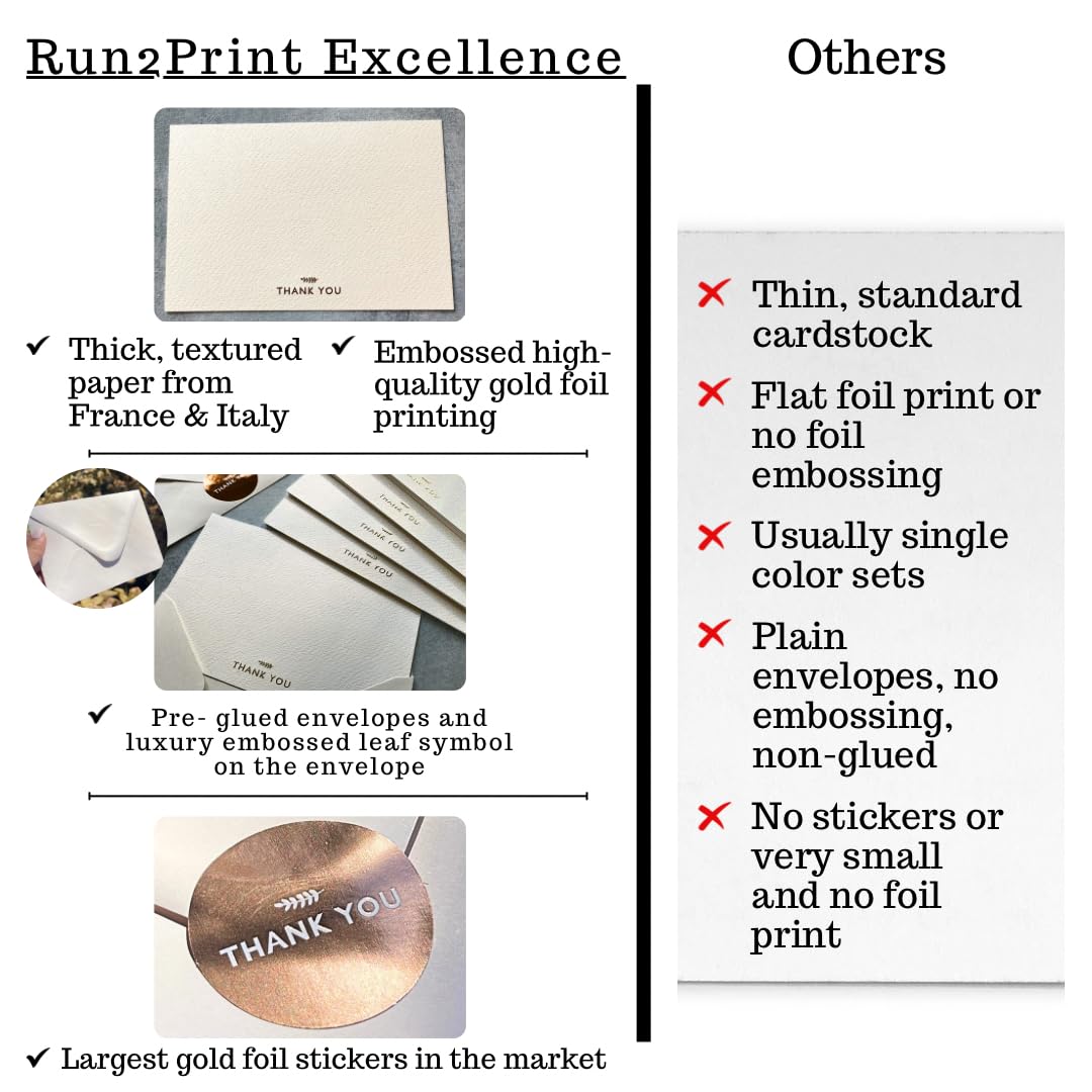 RUN2PRINT (36 Pack) Thank You Cards With Envelopes & Gift of 36 Foiled Stickers - Elegant Emboss Rose Gold Foil Pressed Blank Notes Wedding All Occasion Cards (Ivory)
