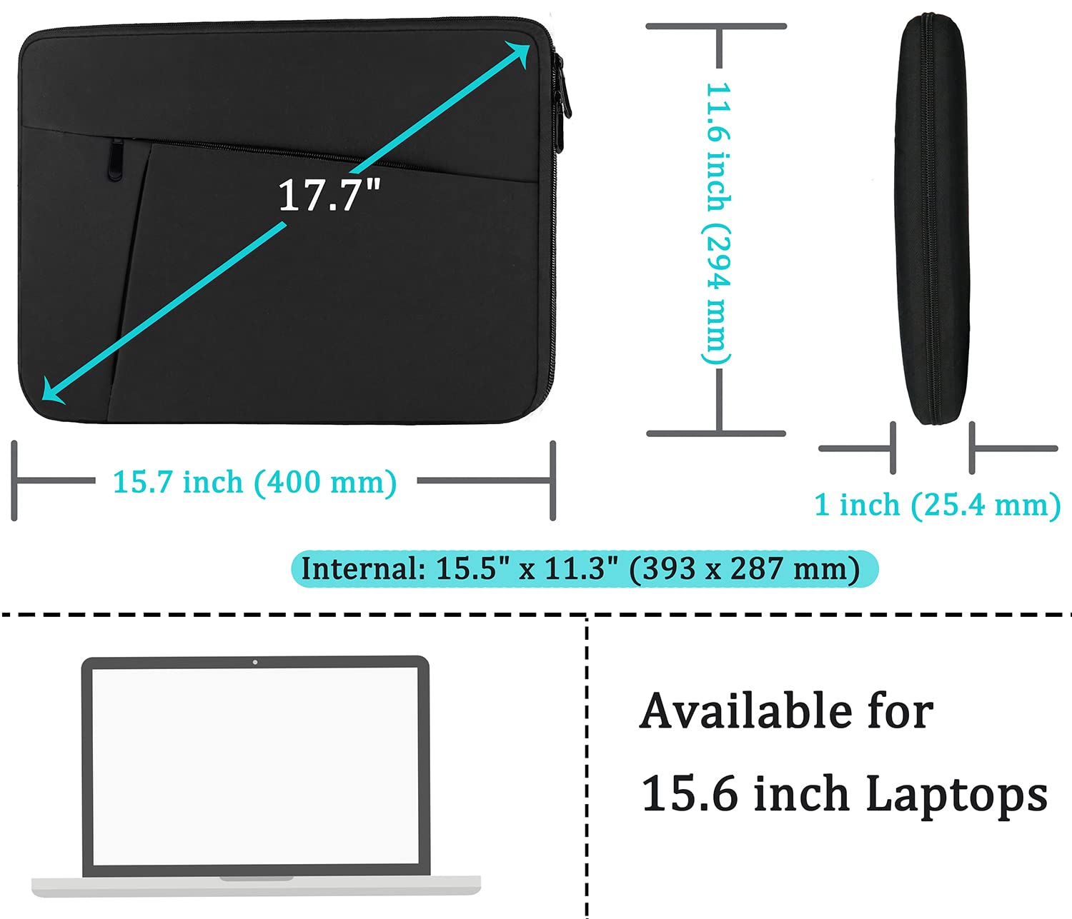 Laptop Case Sleeve 15.6 inch, Durable Shockproof Protective Computer Carrying Cover with Front Pocket, Briefcase Handbags Laptop Sleeve Bag for 15.6 inch HP, Dell, Acer, Asus, Notebook, Black