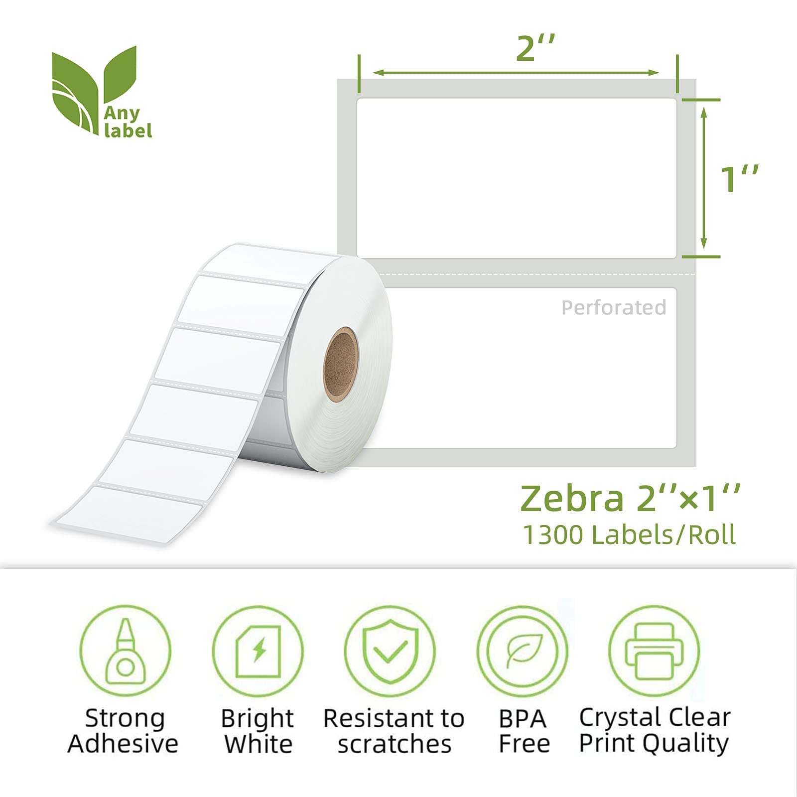 Anylabel Compatible 2" x 1" Direct Thermal Labels Replacement for Barcodes Postage Address Shipping Compatible with Rollo & Zebra Desktop Printers Adhesive & Perforated (12 Rolls, 1300 Labels/Roll)