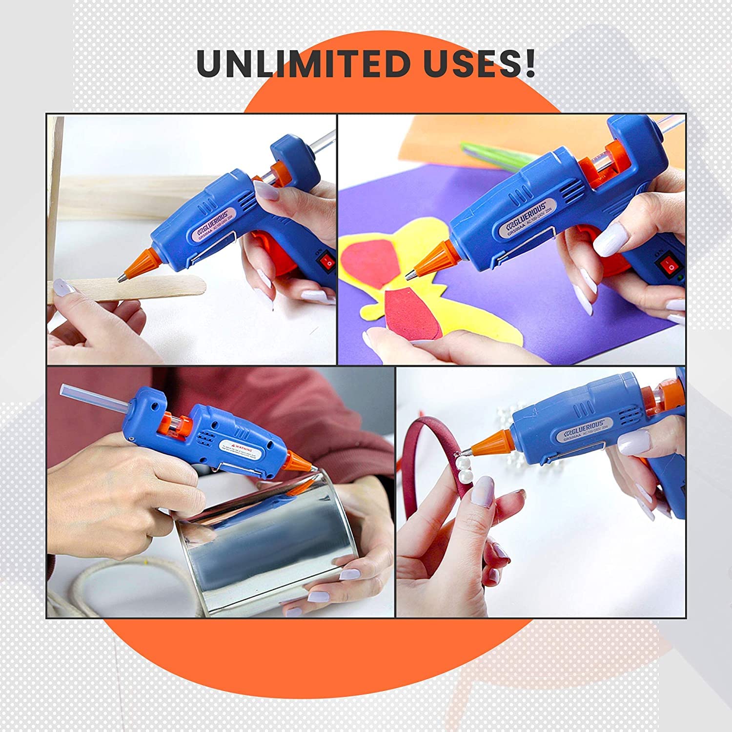 Gluerious Full Size Hot Glue Gun Kit, 60W/100W Dual Temp Glue Gun with 15 Large Hot Glue Sticks for Crafts, DIY, & Industrial Heavy duty.