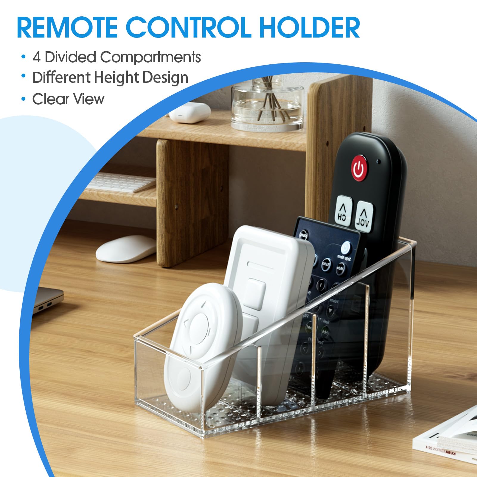 MaxGear Remote Control Holder Desk Organizer Clear Plastic Desktop Organization Pencil Holder, 4 Compartments Makeup Brush Holders with Different Heights for Home, Office, School, 5.8''x 3.4'' x 2.6''
