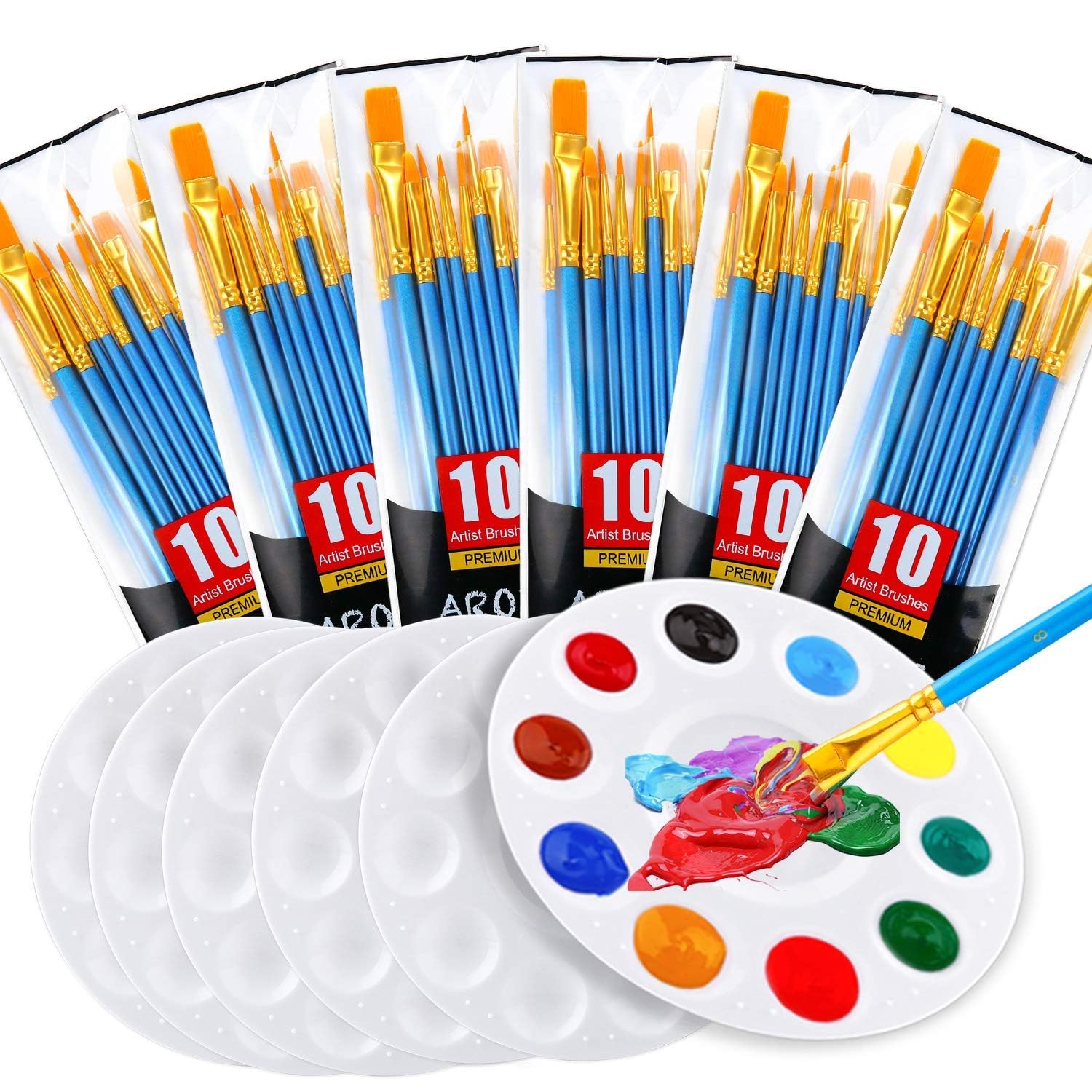 Painting Brush Palette Set, with 6 Packs of 60 Brushes and 6 Palettes ,Nylon Brush Head, Suitable for Oil Watercolor, etc., Perfect Art Painting Set.