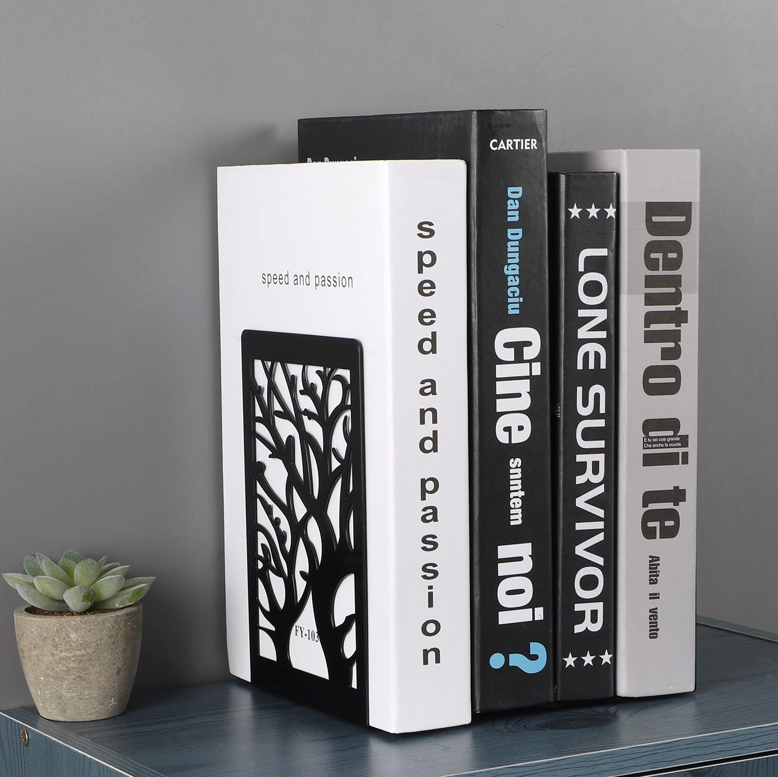 Jekkis Book Ends for Shelves, Decorative Book Shelf Holder, Black 2 Pairs, Non Skid Book Stoppers