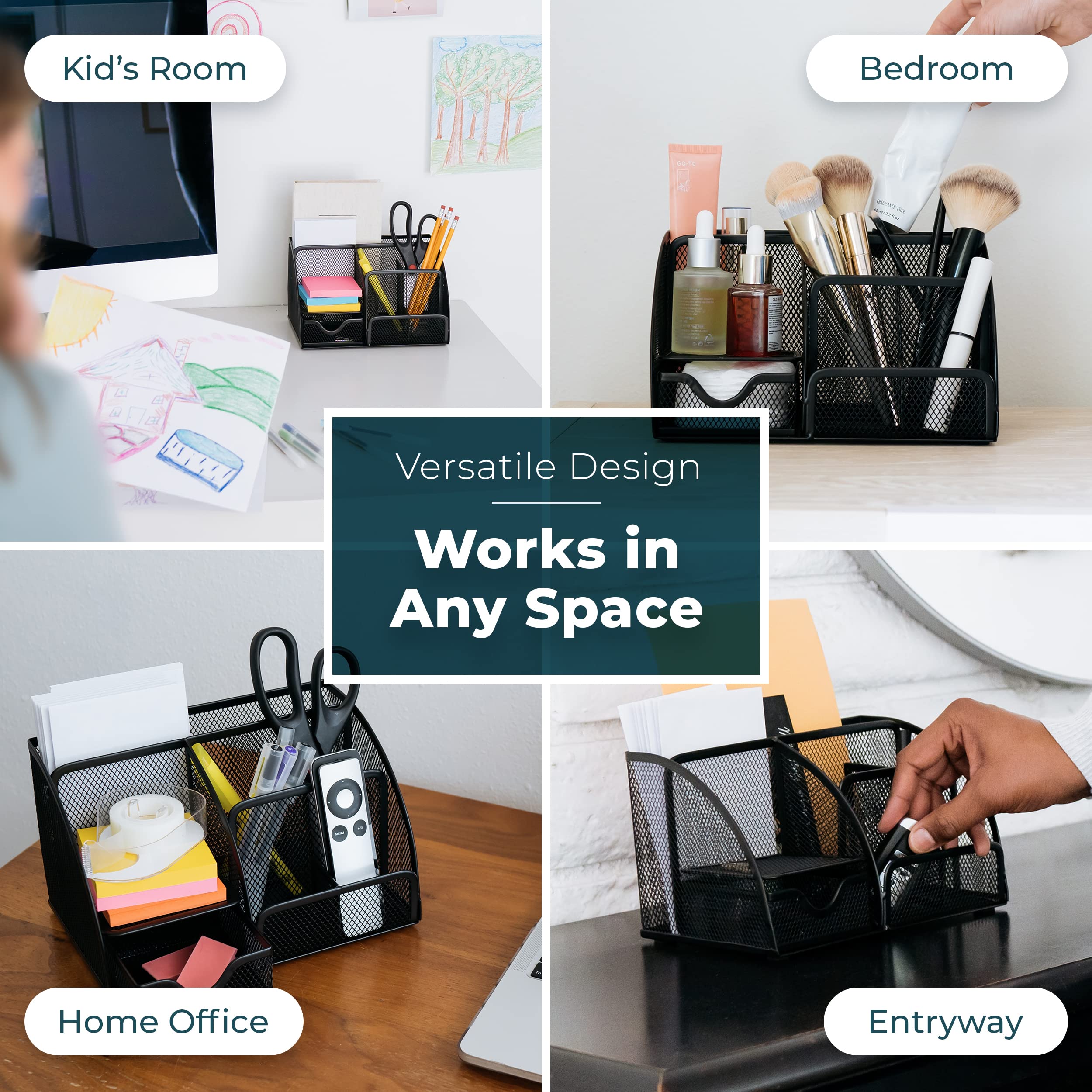 Greenco Mesh Desk Organizer Office Supplies Caddy, 6 Compartments, Small Black Desk Organizer for Pen, Pencil, Small Office Supplies and Stationary Accessories Storage Organization