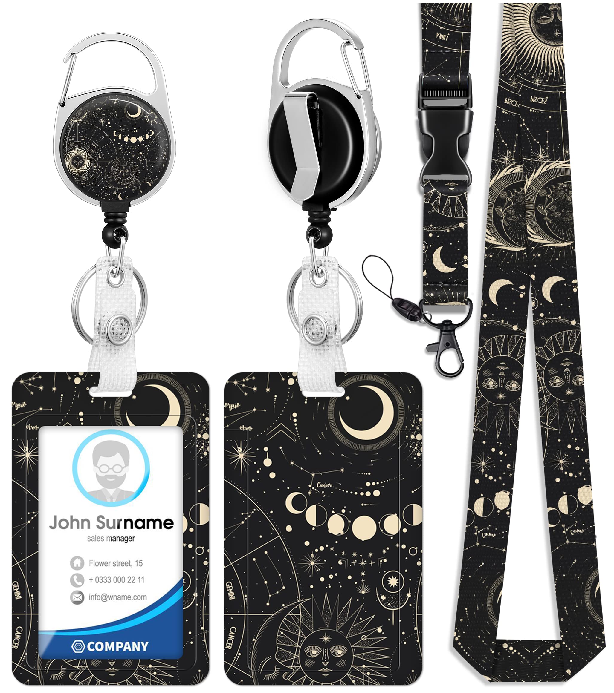 Toykee ID Badge Holder with Lanyard and Retractable Badge Reel Clip, Astrological Moon Sun Card Name Tag Lanyard Vertical ID Protector Bage Clips for Nurse Nursing Doctor Teacher Student