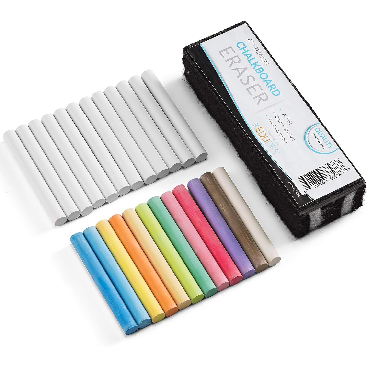 Kedudes Non-Toxic Dustless Chalk with Eraser (24 pack) - 12 Colored Chalk + 12 White Chalkboard Chalk and Chalk Board Eraser for Teachers, Sidewalk Chalk for Kids, Outdoor Chalk, School Supplies Chalk